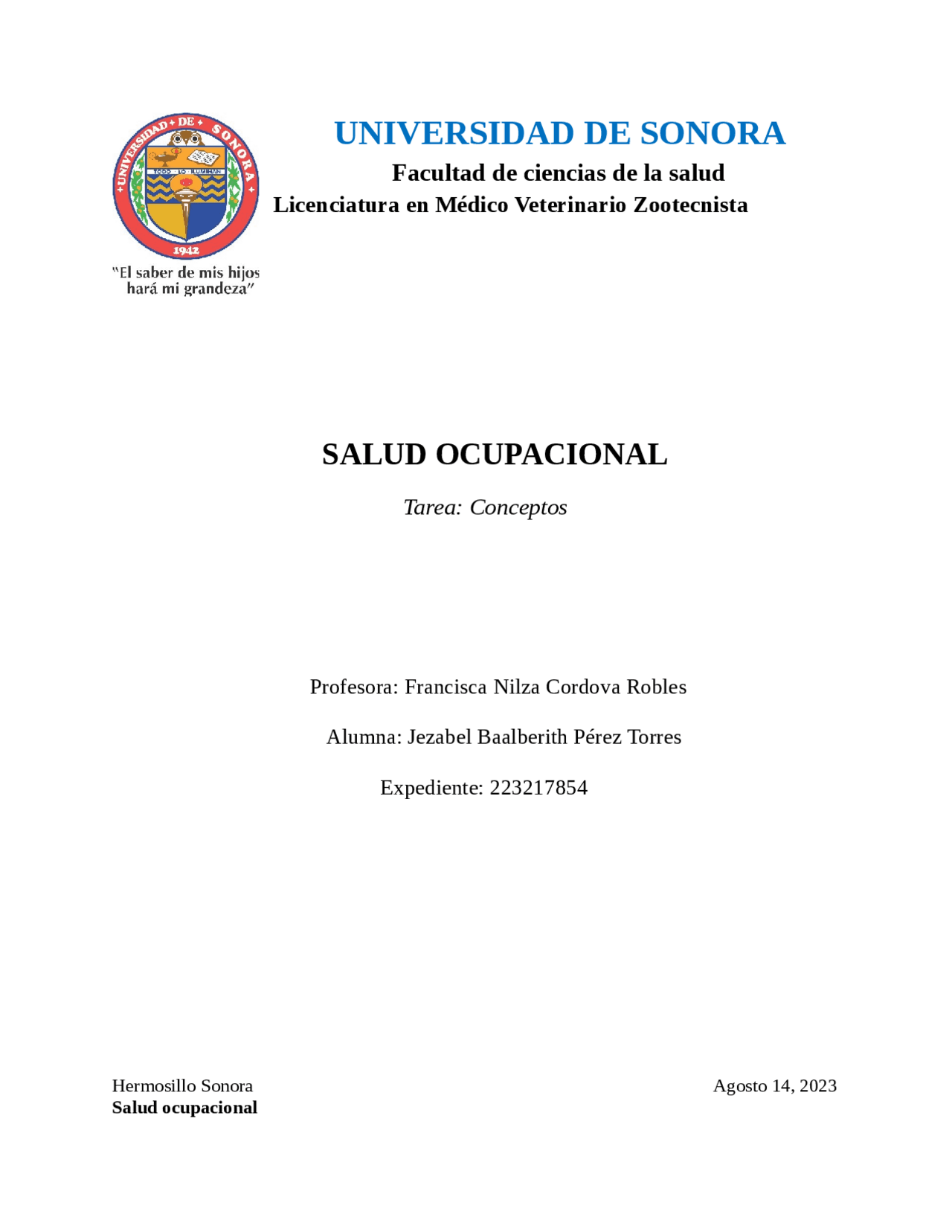 Conceptos Salud Ocupacional Resúmenes De Ciencias De La Salud Docsity