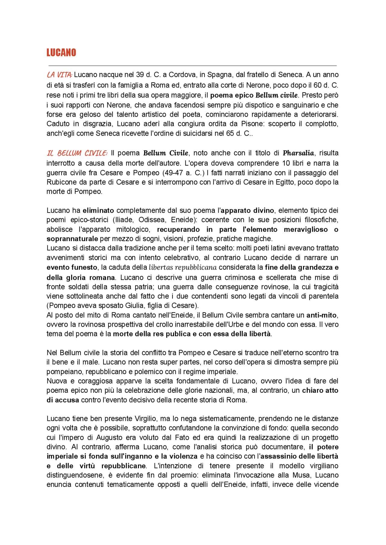 Lucano- biografia e opere | Appunti di Latino | Docsity