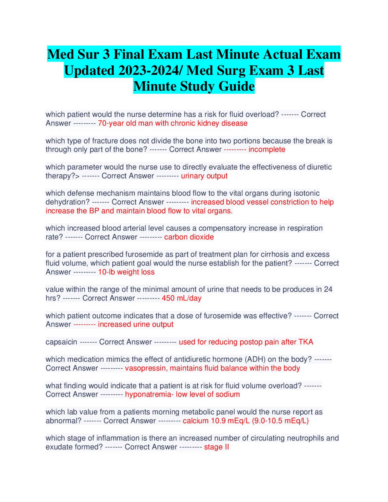 Med Sur 3 Final Exam Last Minute Actual Exam Updated 2023-2024/ Med ...
