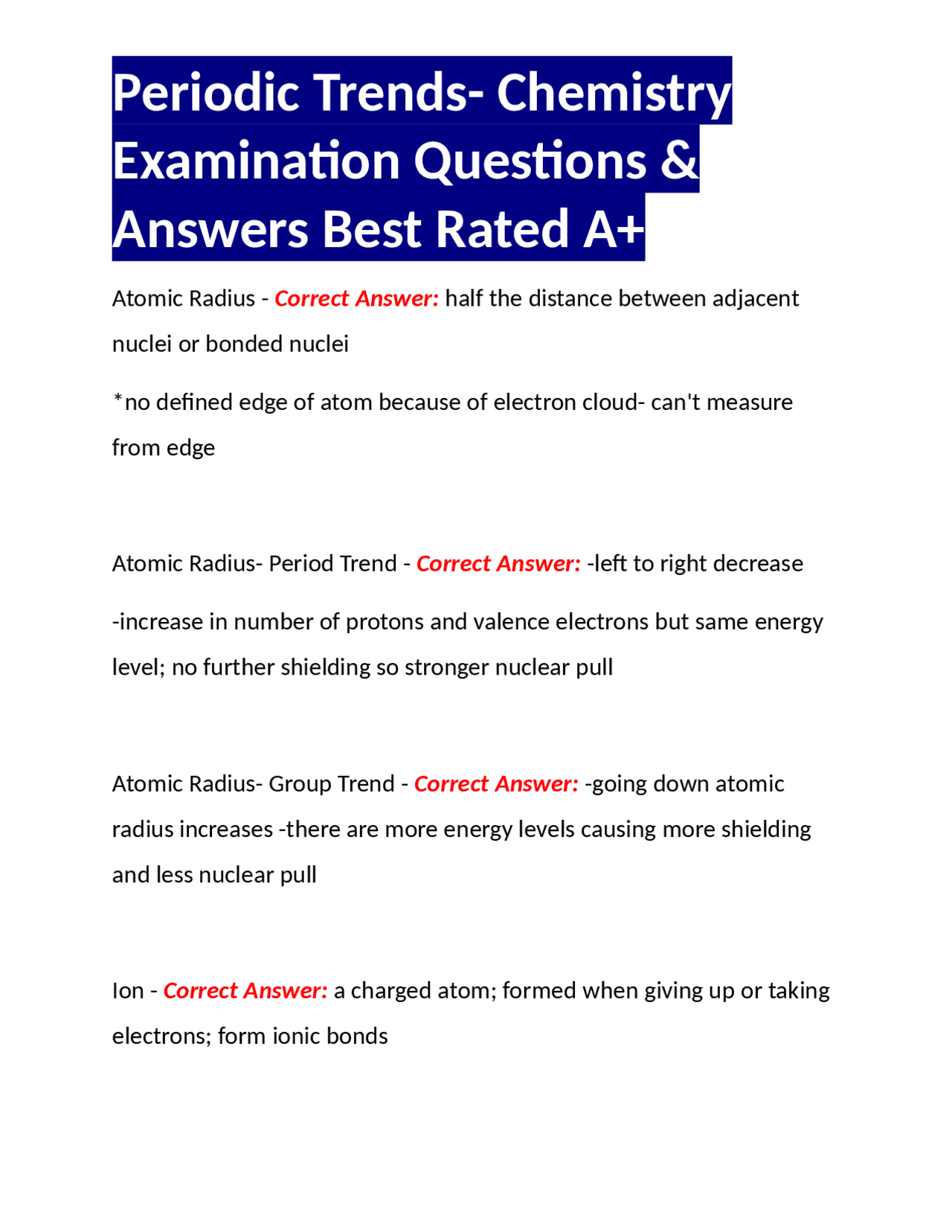 Periodic Trends in Chemistry | Exams Nursing | Docsity