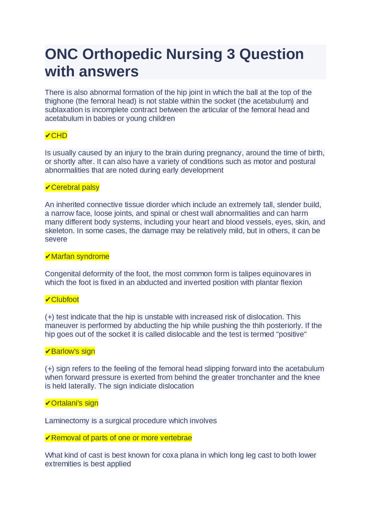 ONC Orthopedic Nursing 3 Question with answers | Exams Orthopedics ...