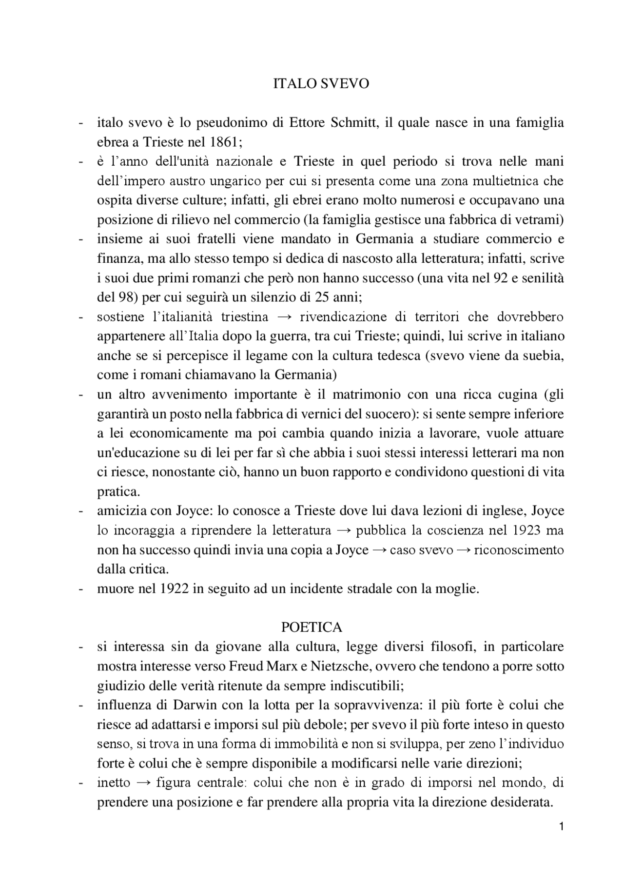 Italo Svevo vita poetica e opere | Appunti di Letteratura Italiana | Docsity