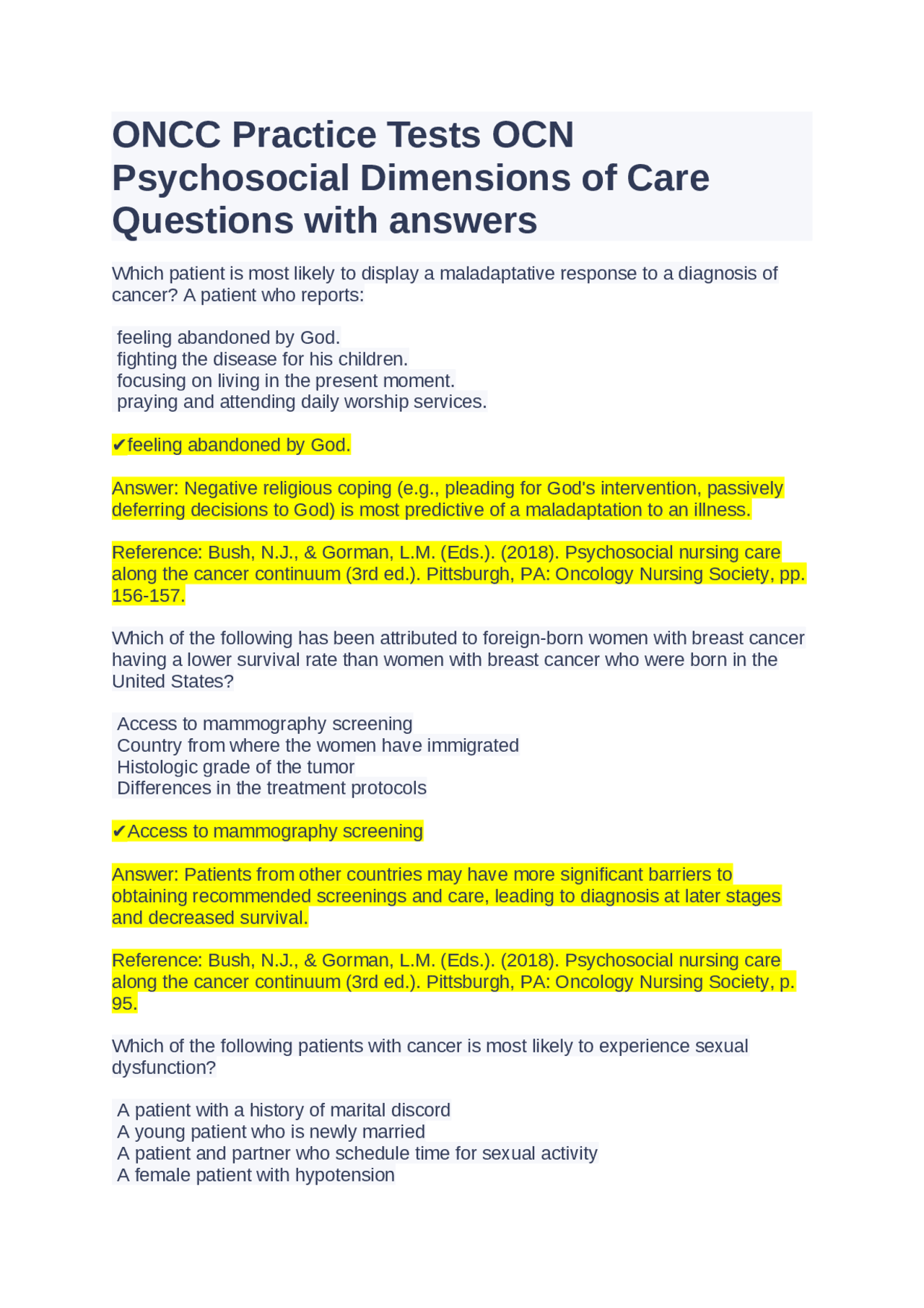 ONCC Practice Tests OCN Psychosocial Dimensions of Care Questions with ...