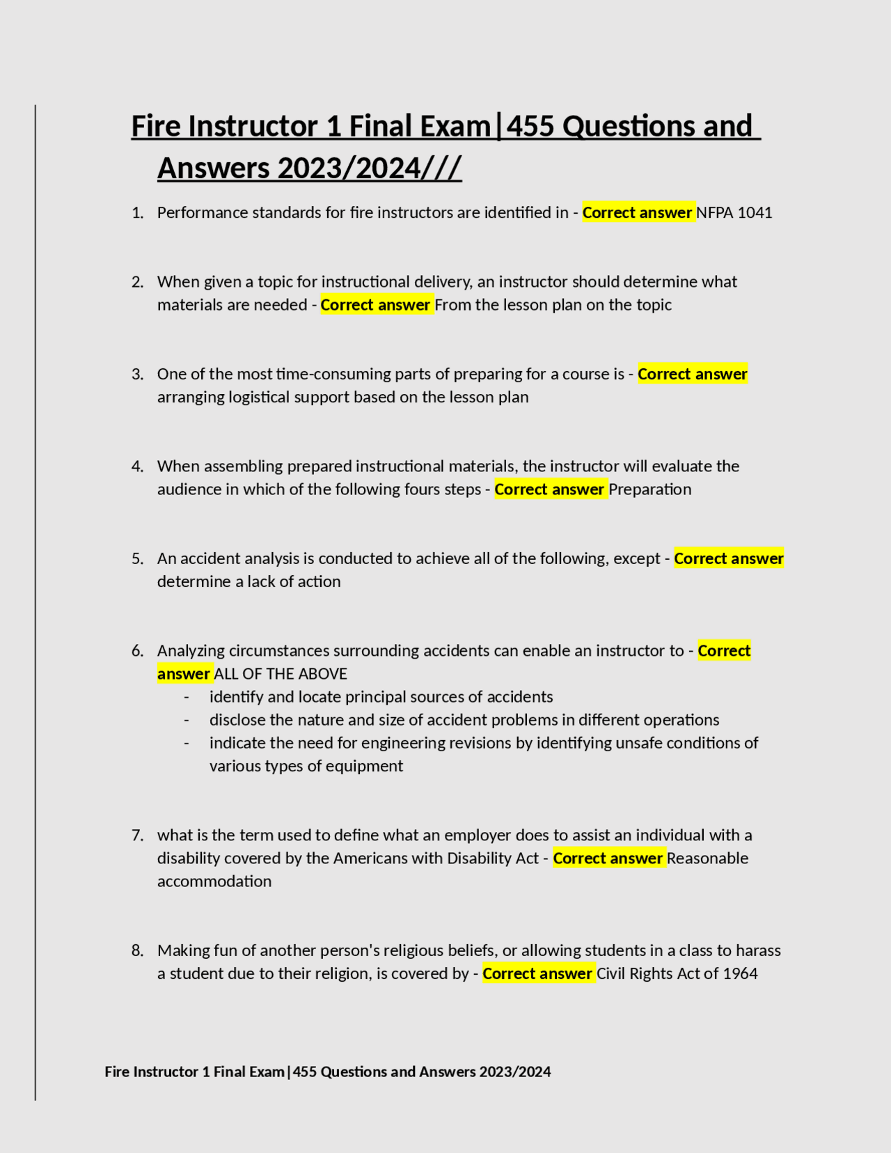 Fire Instructor 1 Final Exam|455 Questions and Answers 2023/2024 ...