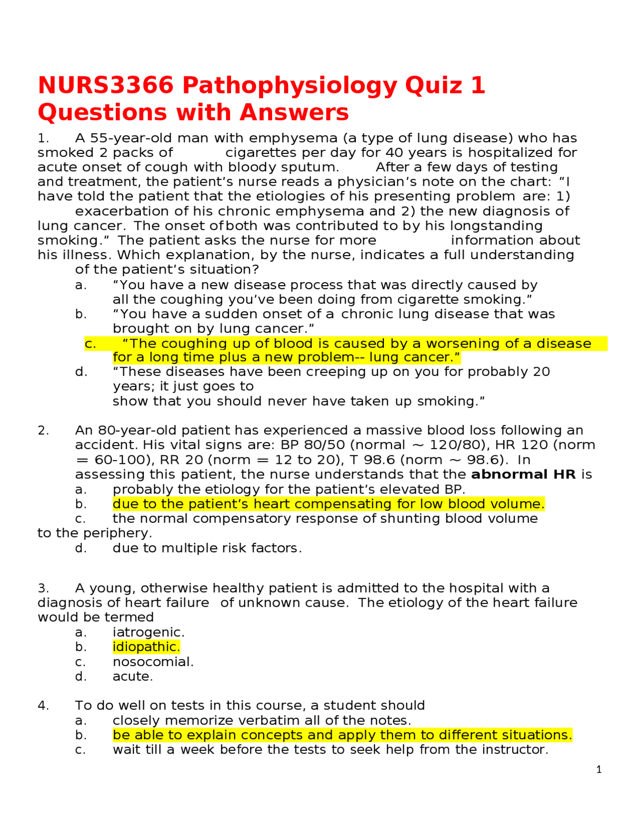 NURS3366 Pathophysiology Quiz 1 Questions with Answers | Exams Nursing ...