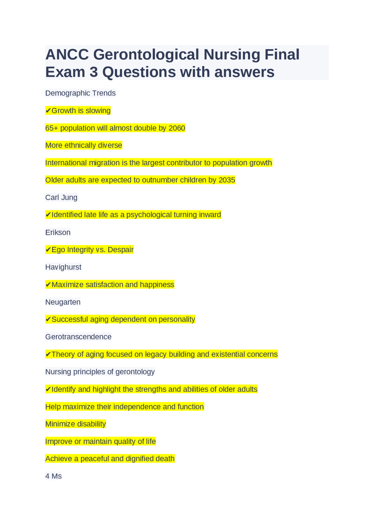 ANCC Gerontological Nursing Final Exam 3 Questions with answers | Exams ...