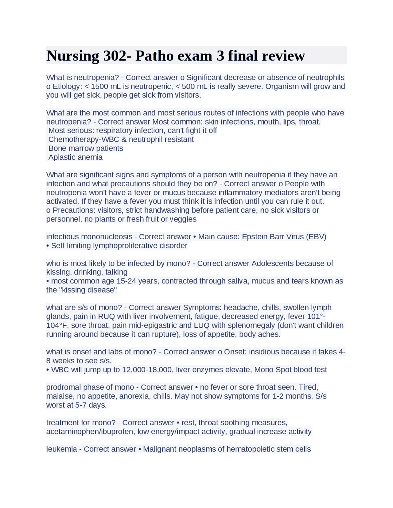 Nursing 302- Patho exam 3 final review | Exams Pathology | Docsity