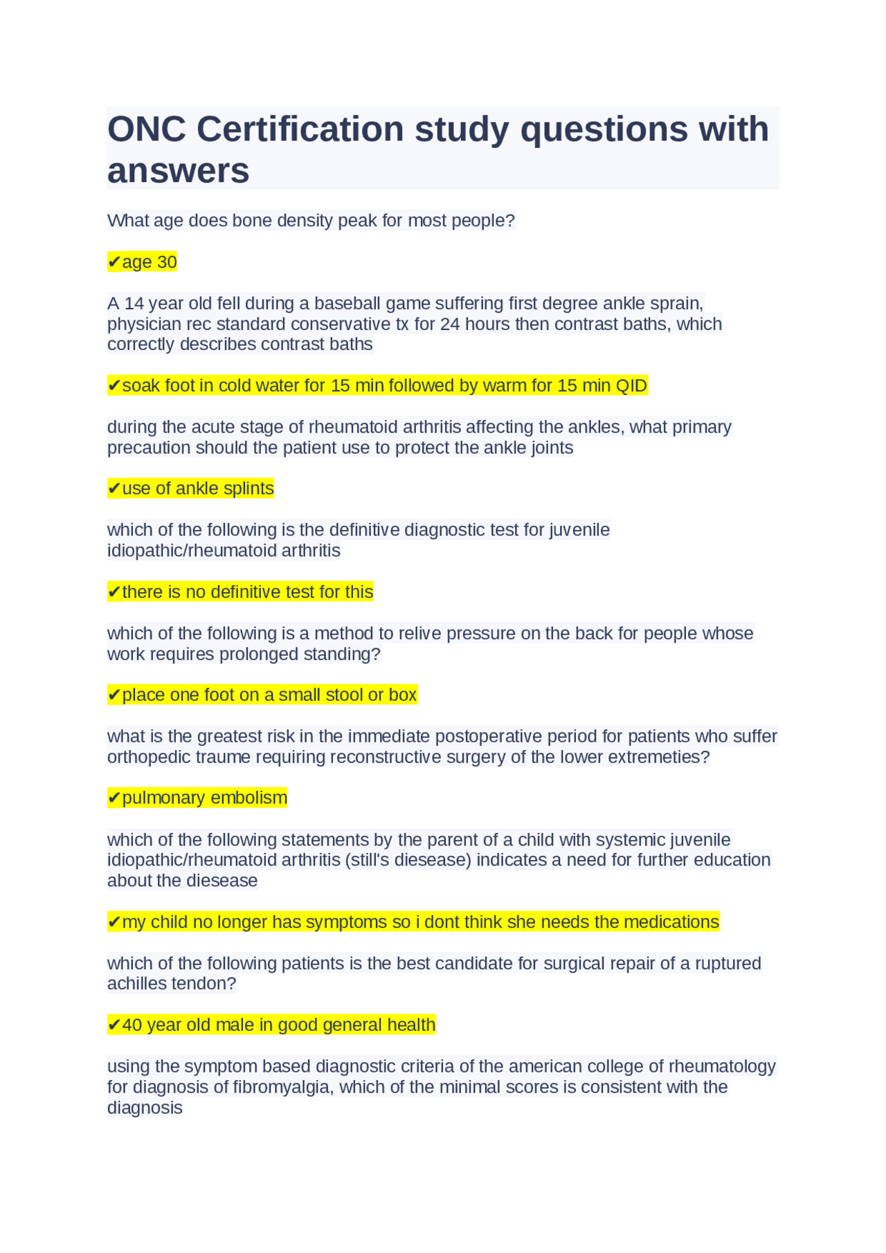 ONC Certification Study Questions and Answers | Exams Orthopedics | Docsity