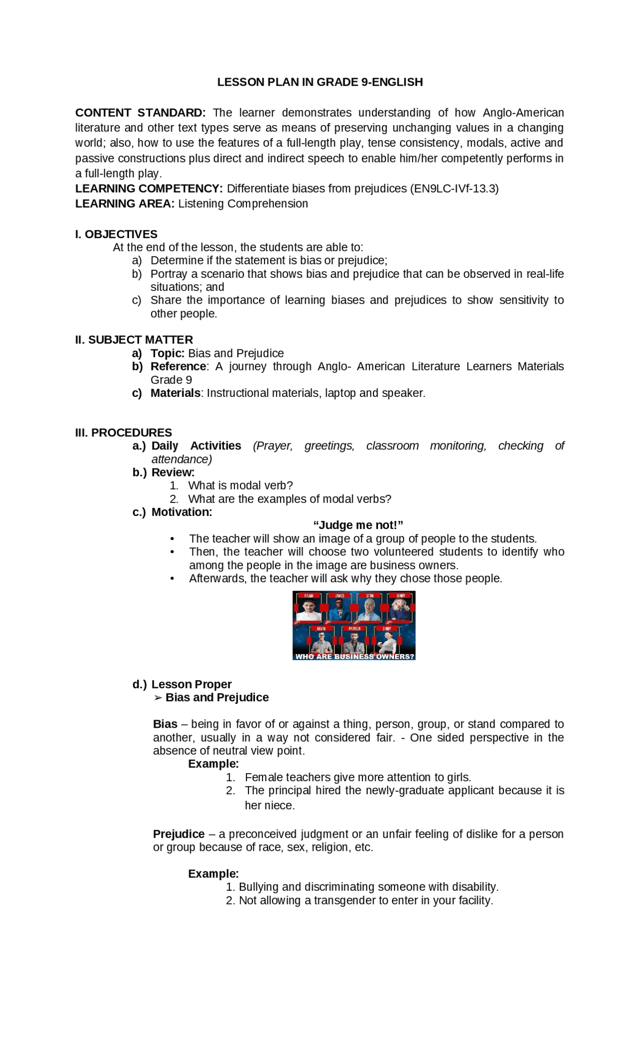 Lesson Plan Bias and Prejudice | Summaries English | Docsity