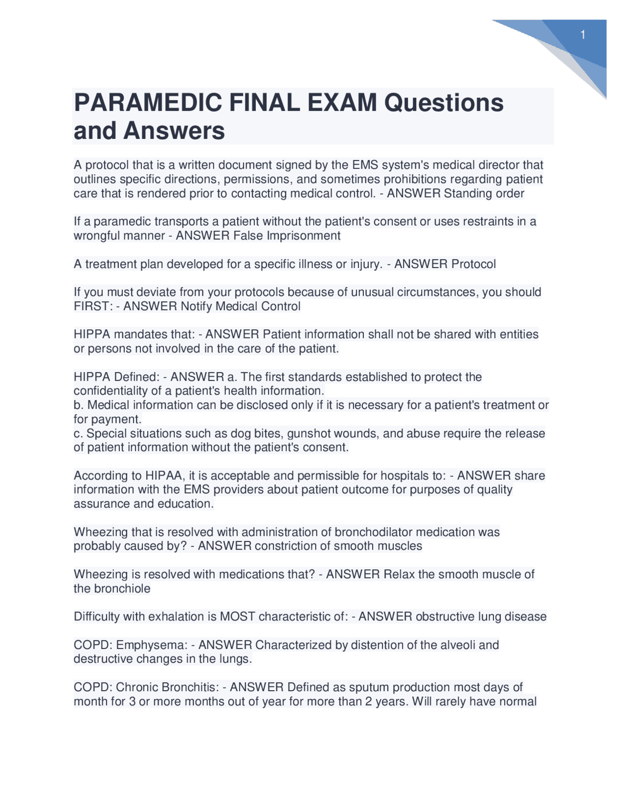 PARAMEDIC FINAL EXAM QUESTIONS WITH 100% CORRECT ANSWERS RATED A+ ...