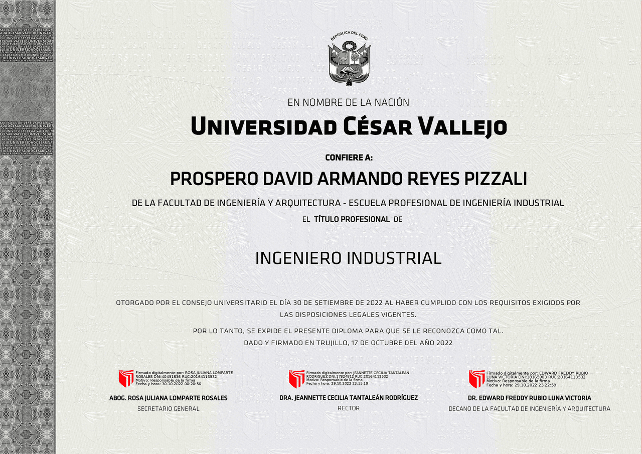 Título profesional de Ingeniero Industrial otorgado por la Universidad ...