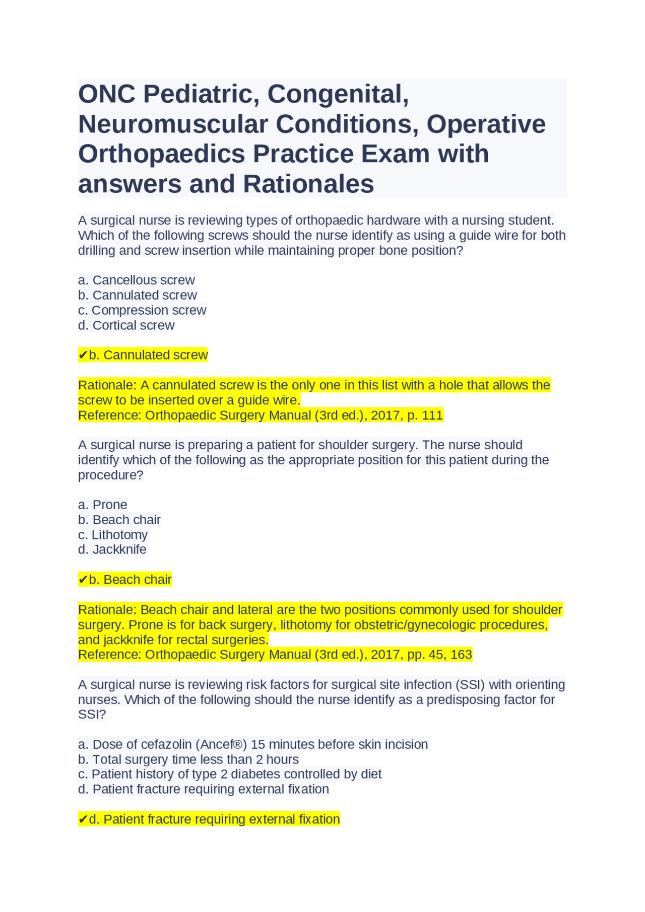 Orthopaedic Surgery Practice Exam | Exams Orthopedics | Docsity