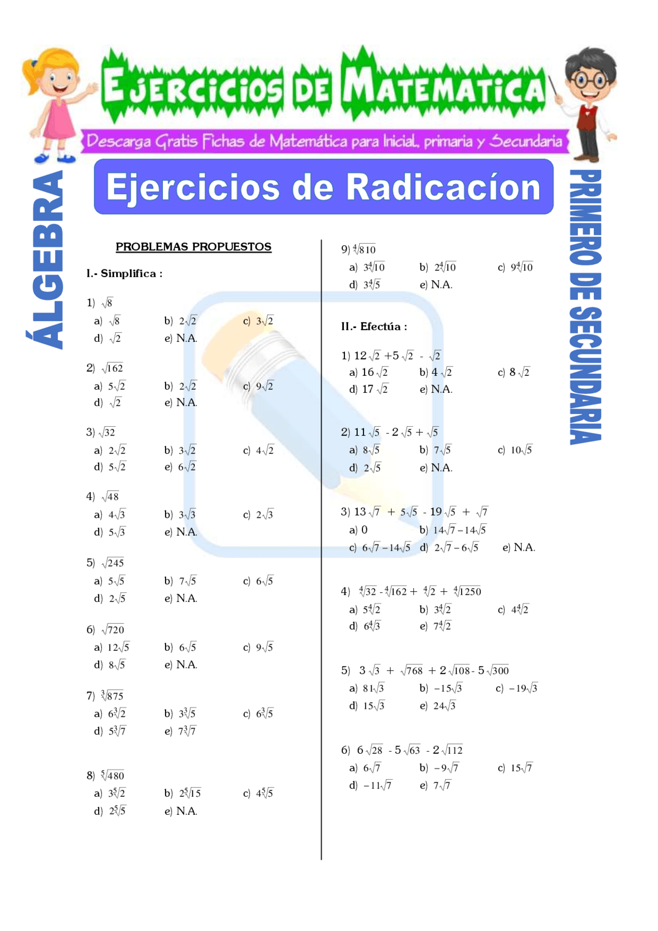 Ejercicios de radicales | Ejercicios de Matemáticas | Docsity