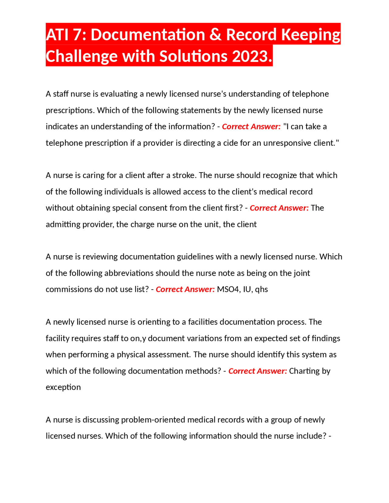 Ati 7 Documentation And Record Keeping Challenge With Solutions 2023 Exams Nursing Docsity