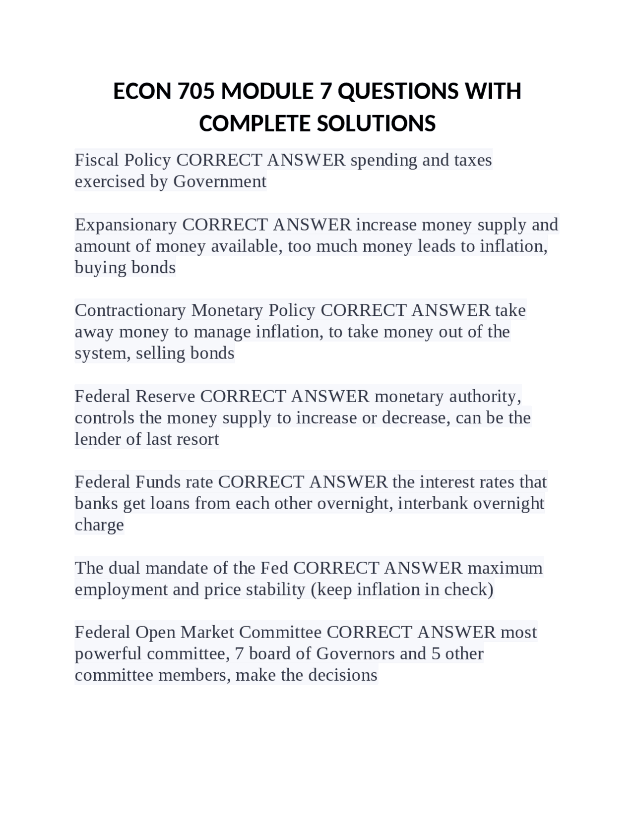 ECON 705 MODULE 7 QUESTIONS WITH CORRECT ANSWERS | Exams Economics ...