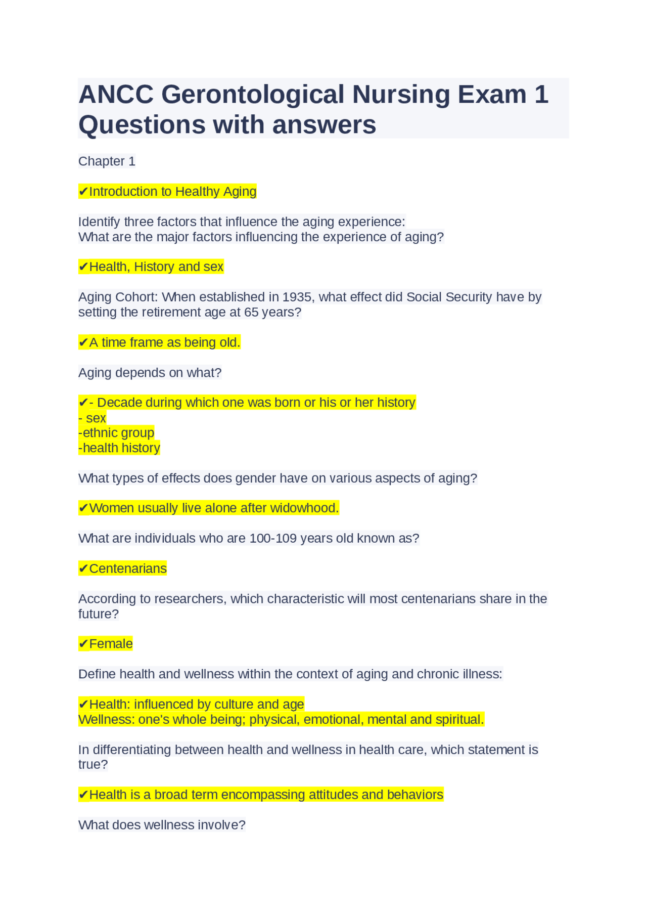 ANCC Gerontological Nursing Exam 1 Questions with answers | Exams ...