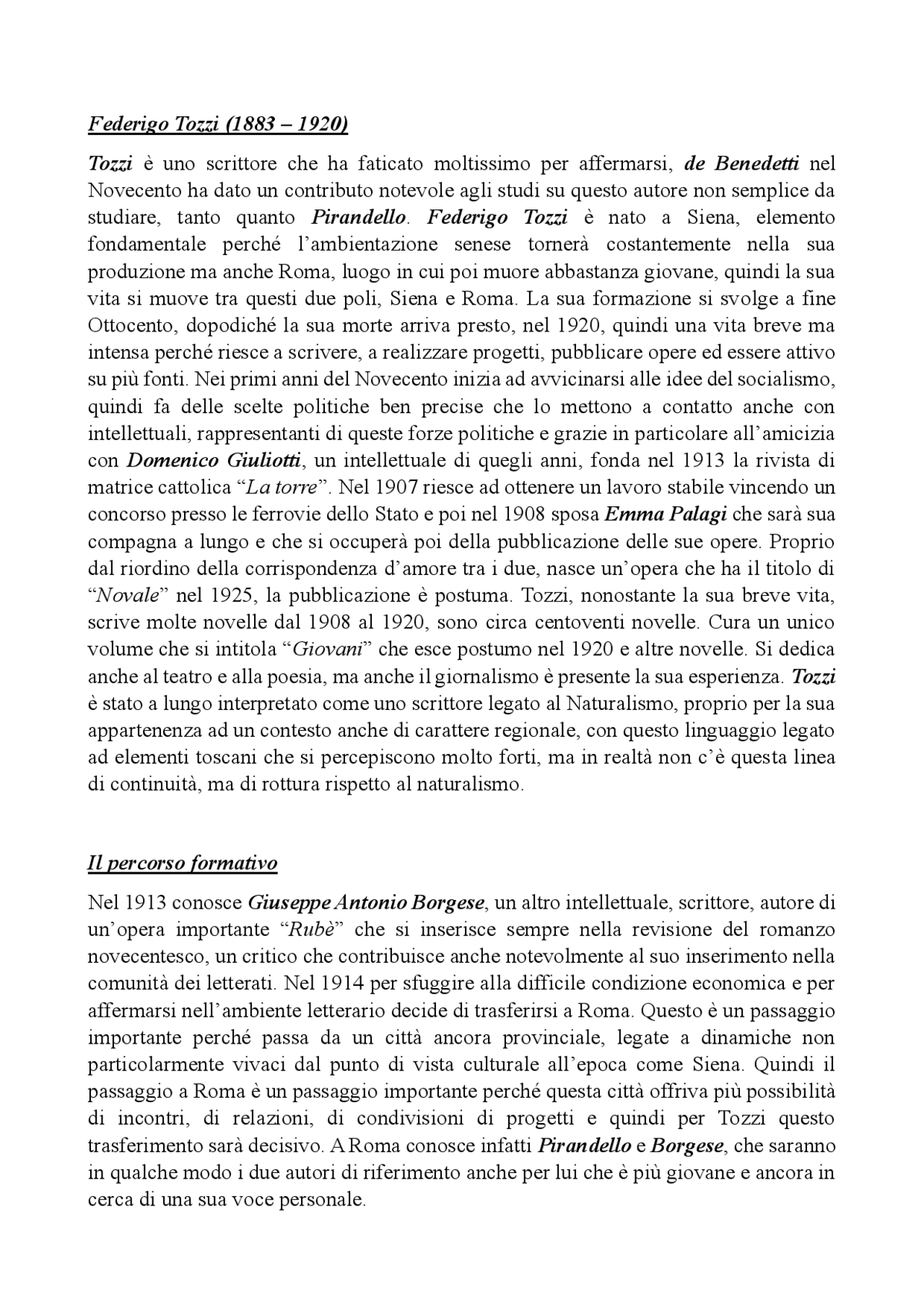 Federigo Tozzi riassunto | Appunti di Letteratura Italiana | Docsity