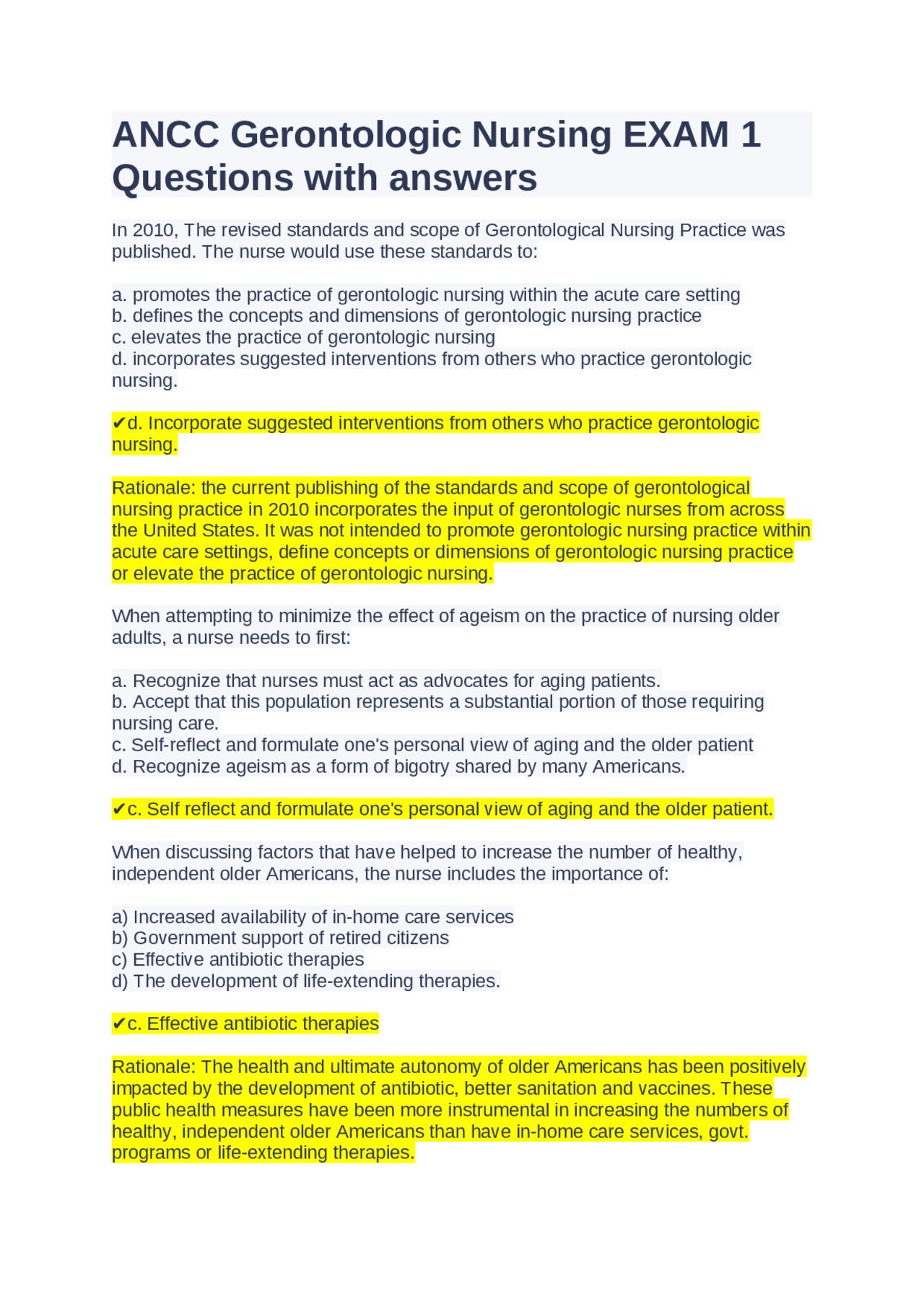 ANCC Gerontologic Nursing EXAM 1 Questions with answers | Exams ...