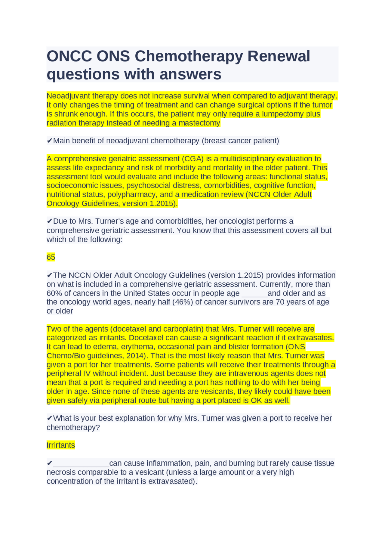 ONCC ONS Chemotherapy Renewal questions with answers | Exams Oncology ...