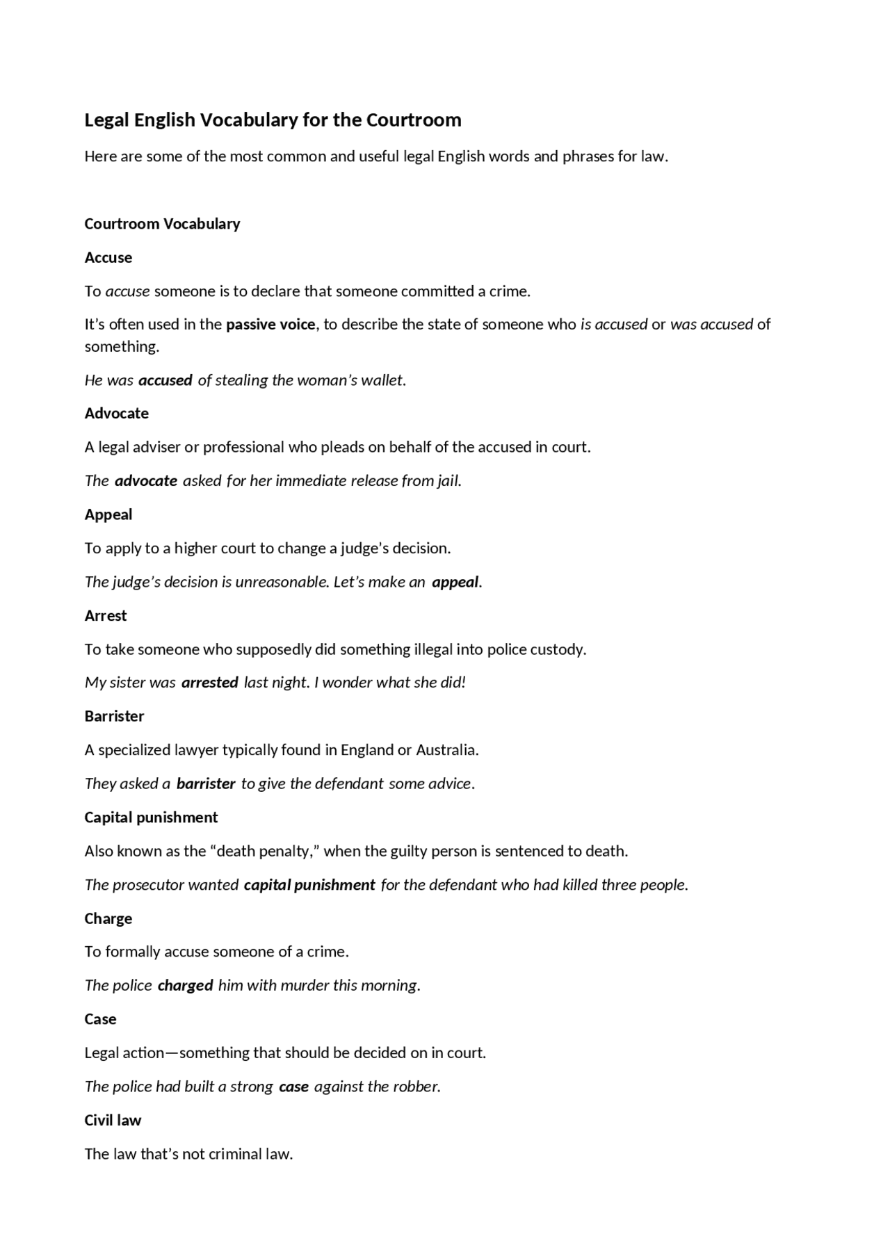 Legal English vocabulary | Esercizi di Inglese Giuridico | Docsity