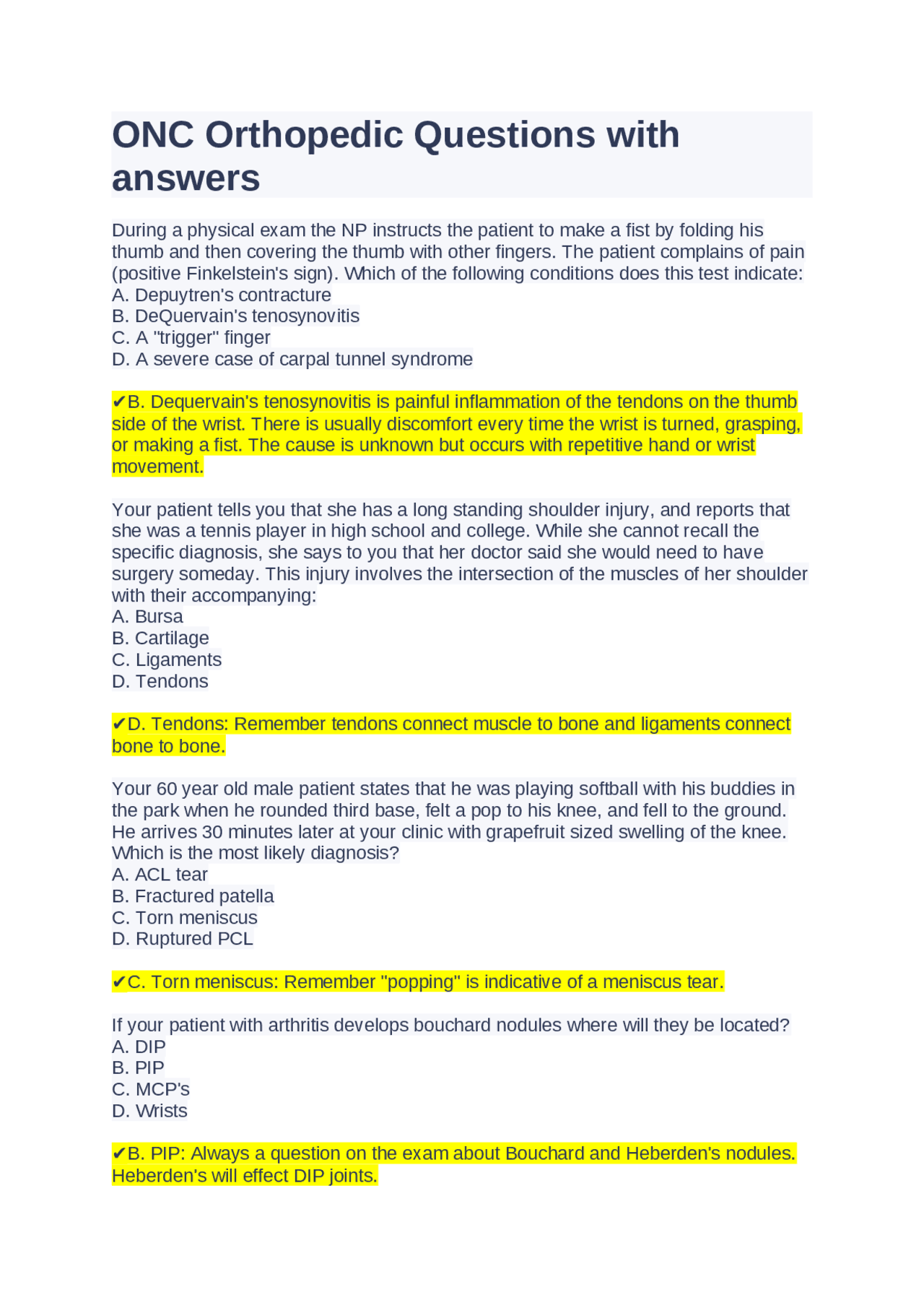 Orthopedic Questions and Answers | Exams Orthopedics | Docsity