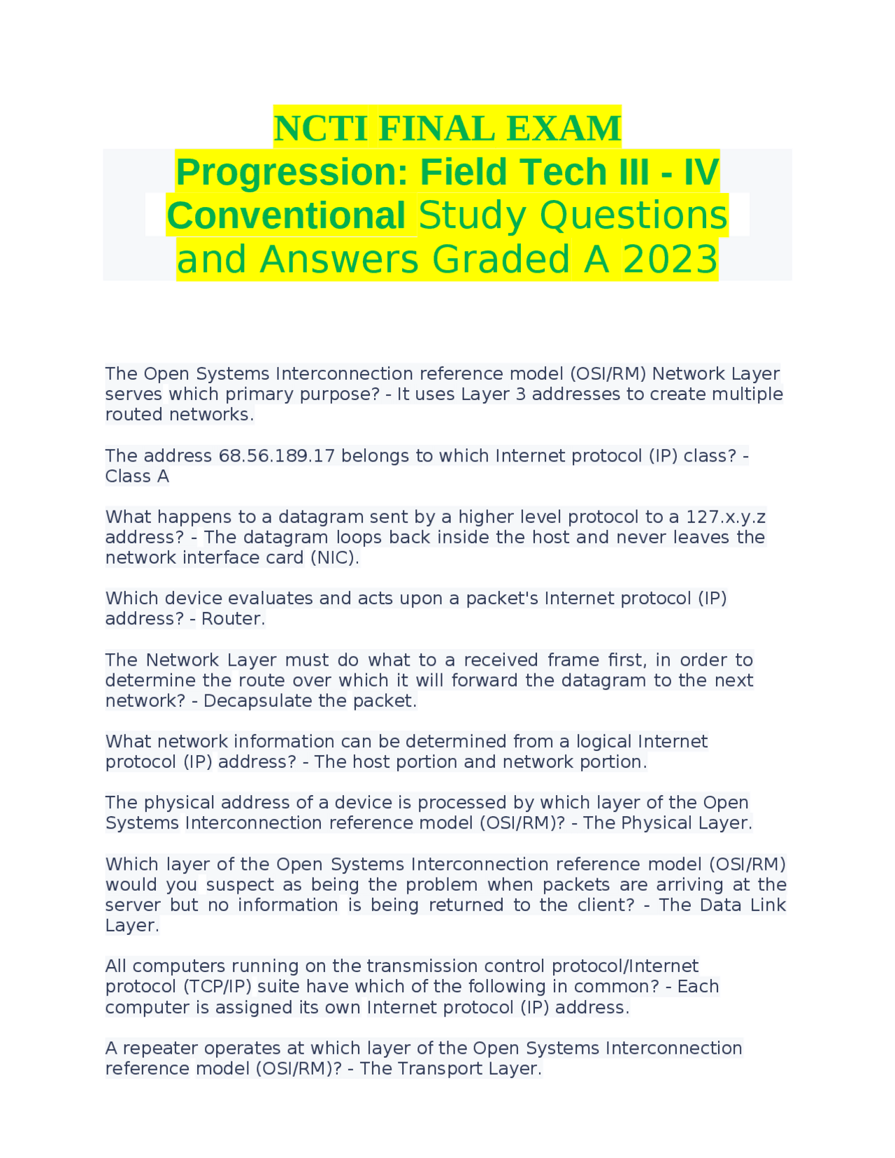 NCTI FINAL EXAM Progression: Field Tech III - IV Conventional Study Questions and Answers ...