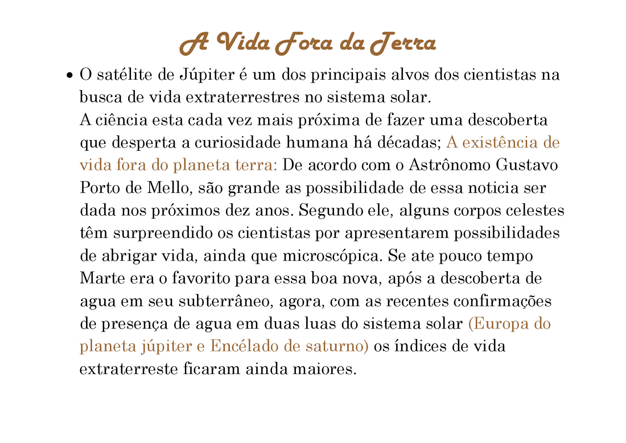 A vida fora da Terra | Esquemas Biologia | Docsity