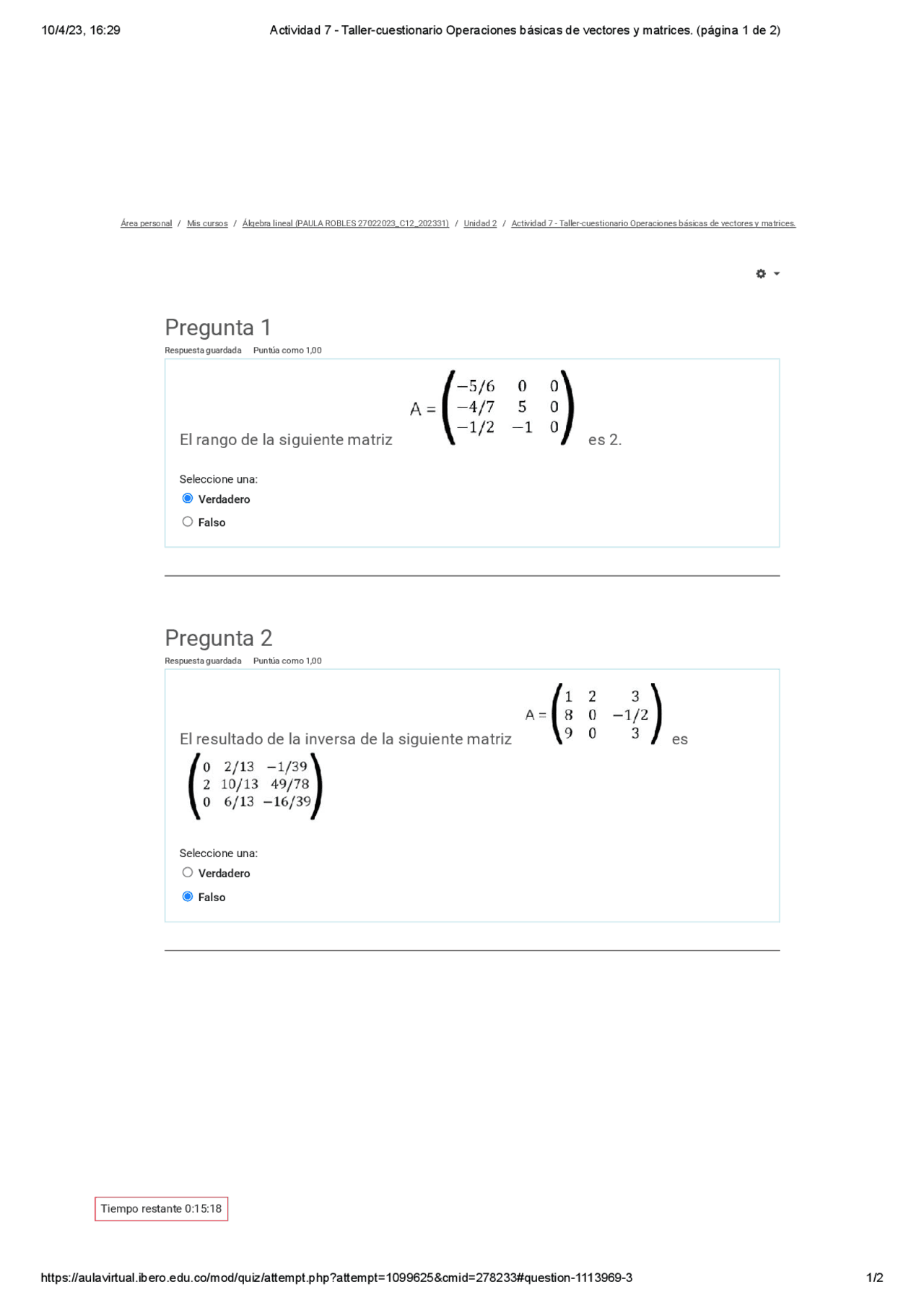 Actividad 7 - Taller-cuestionario Operaciones básicas de vectores y matrices. | Exámenes de ...