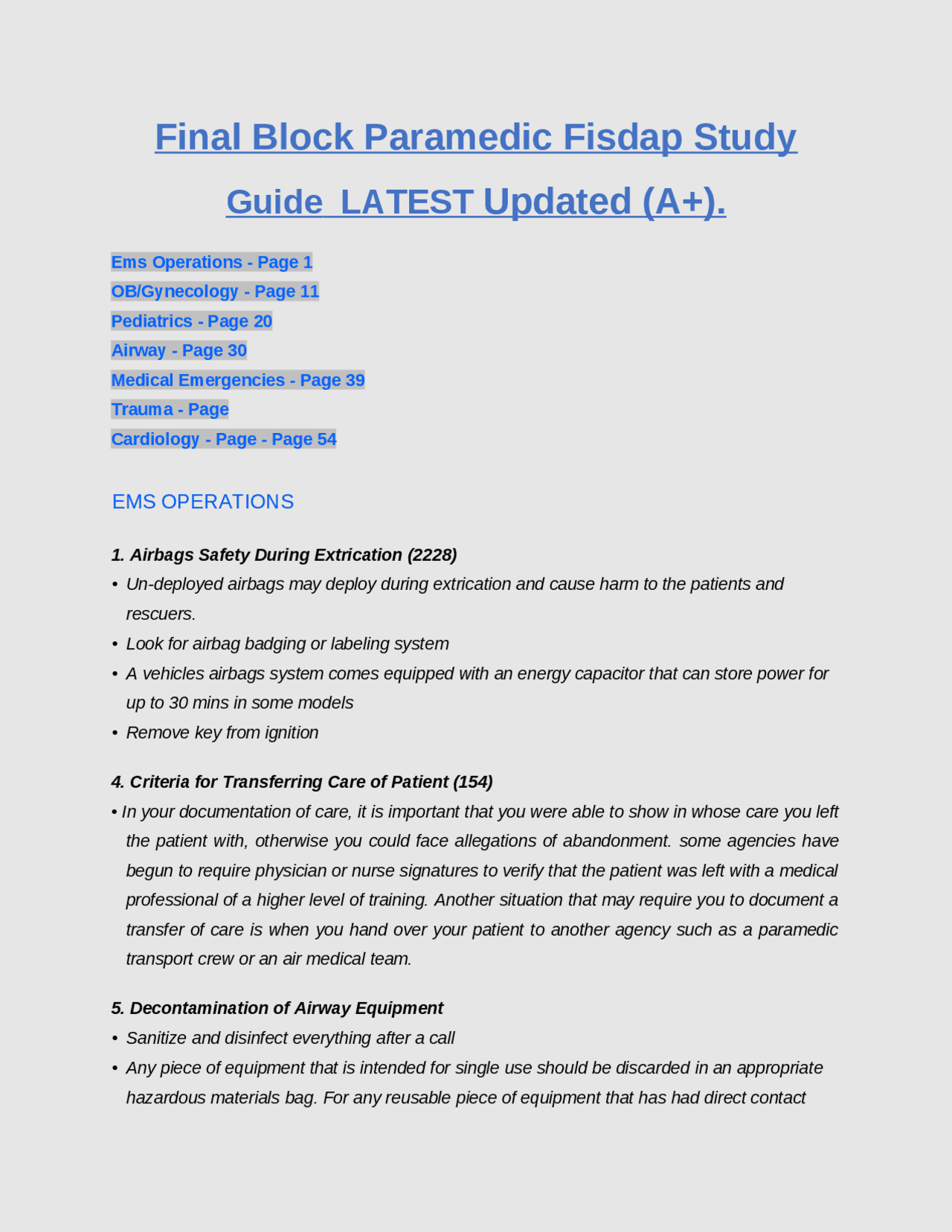 Final Block Paramedic Fisdap Study Guide LATEST Updated (A+). | Exams ...