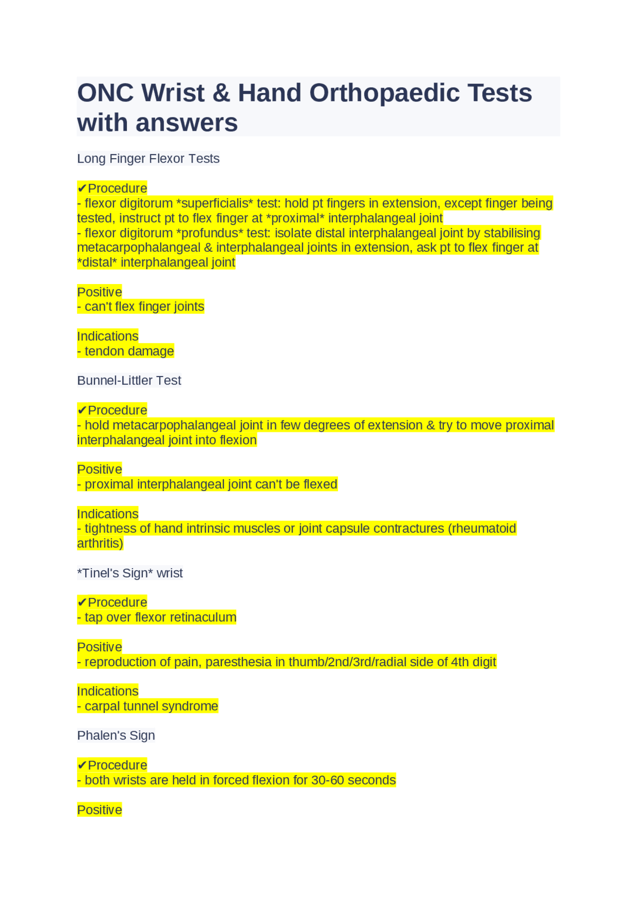 ONC Wrist & Hand Orthopaedic Tests with answers | Exams Orthopedics ...