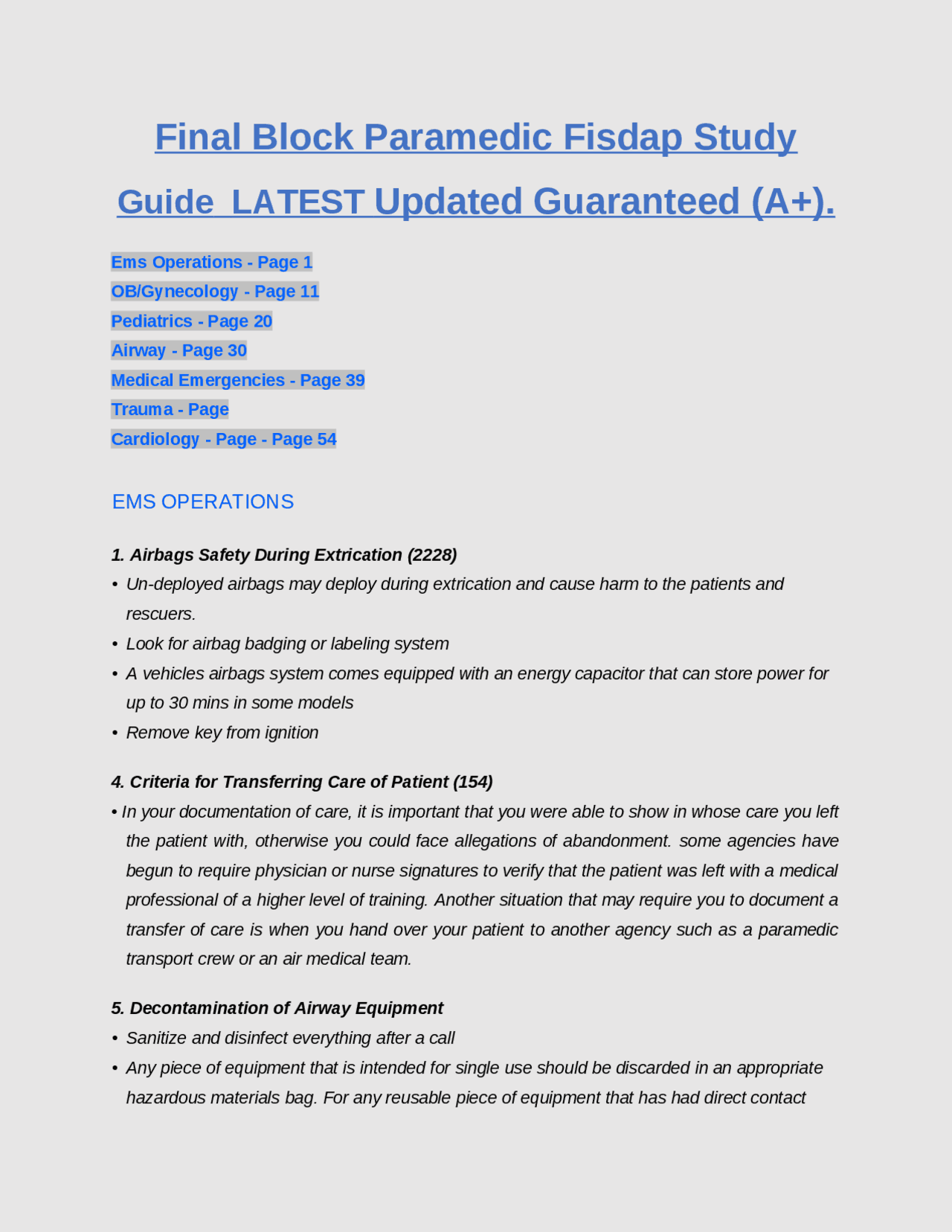 Final Block Paramedic Fisdap Study Guide LATEST Updated Guaranteed (A+ ...