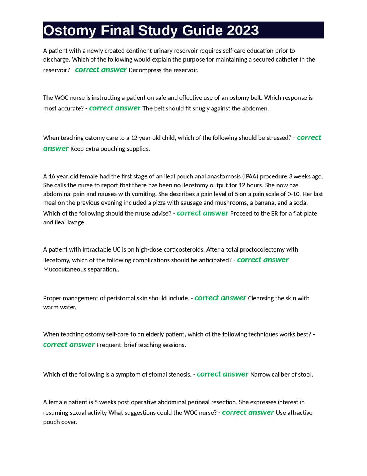 Ostomy Final Study Guide 2023.docx | Exams Nursing | Docsity