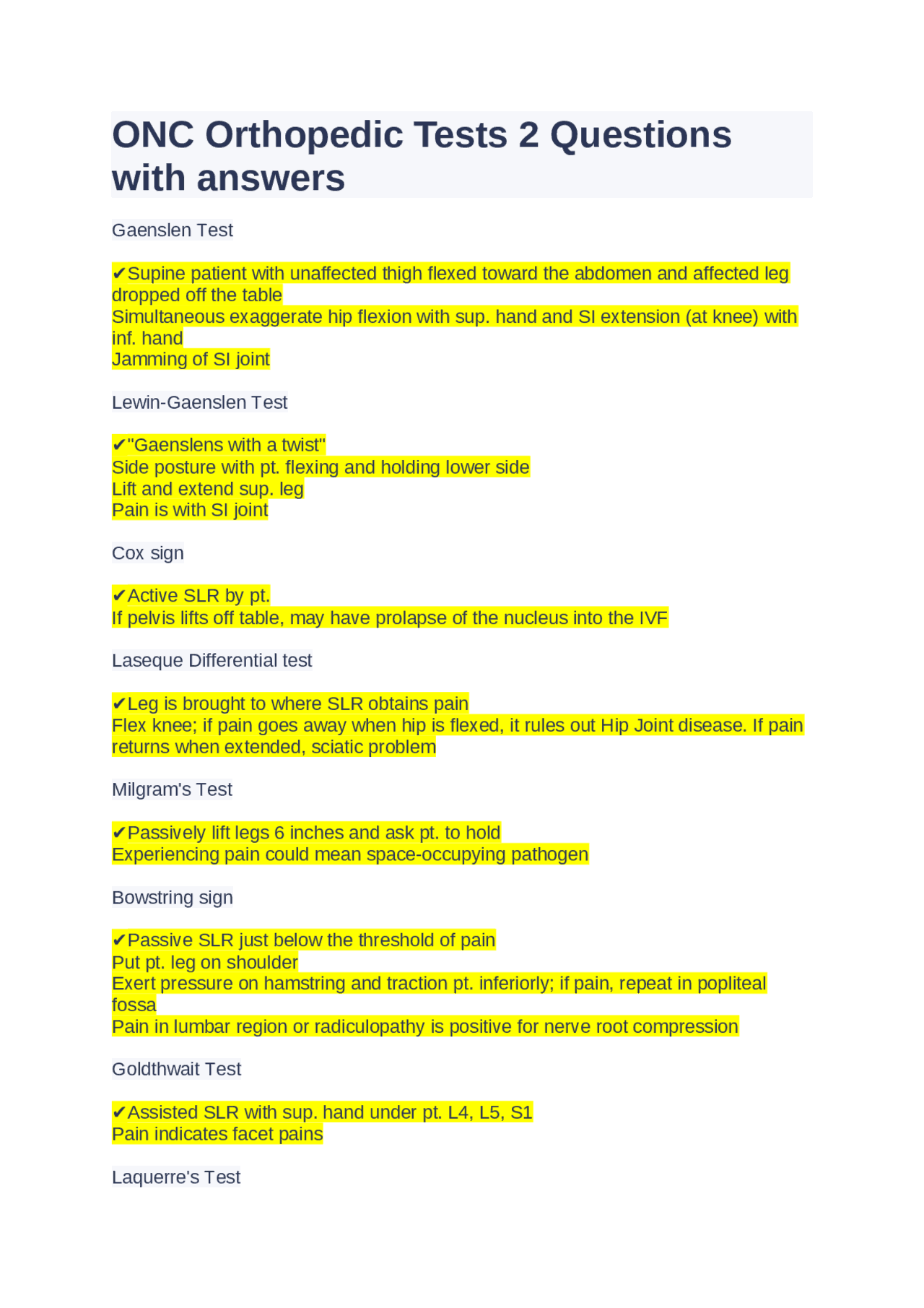 Orthopedic Tests and Their Interpretation | Exams Orthopedics | Docsity