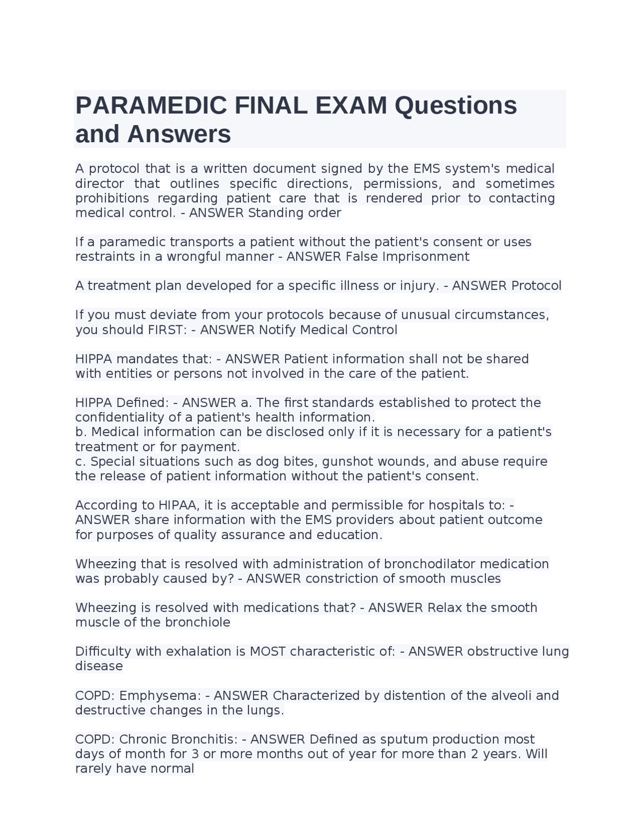 Paramedic Final Exam Questions With 100 Correct Answers Rated A