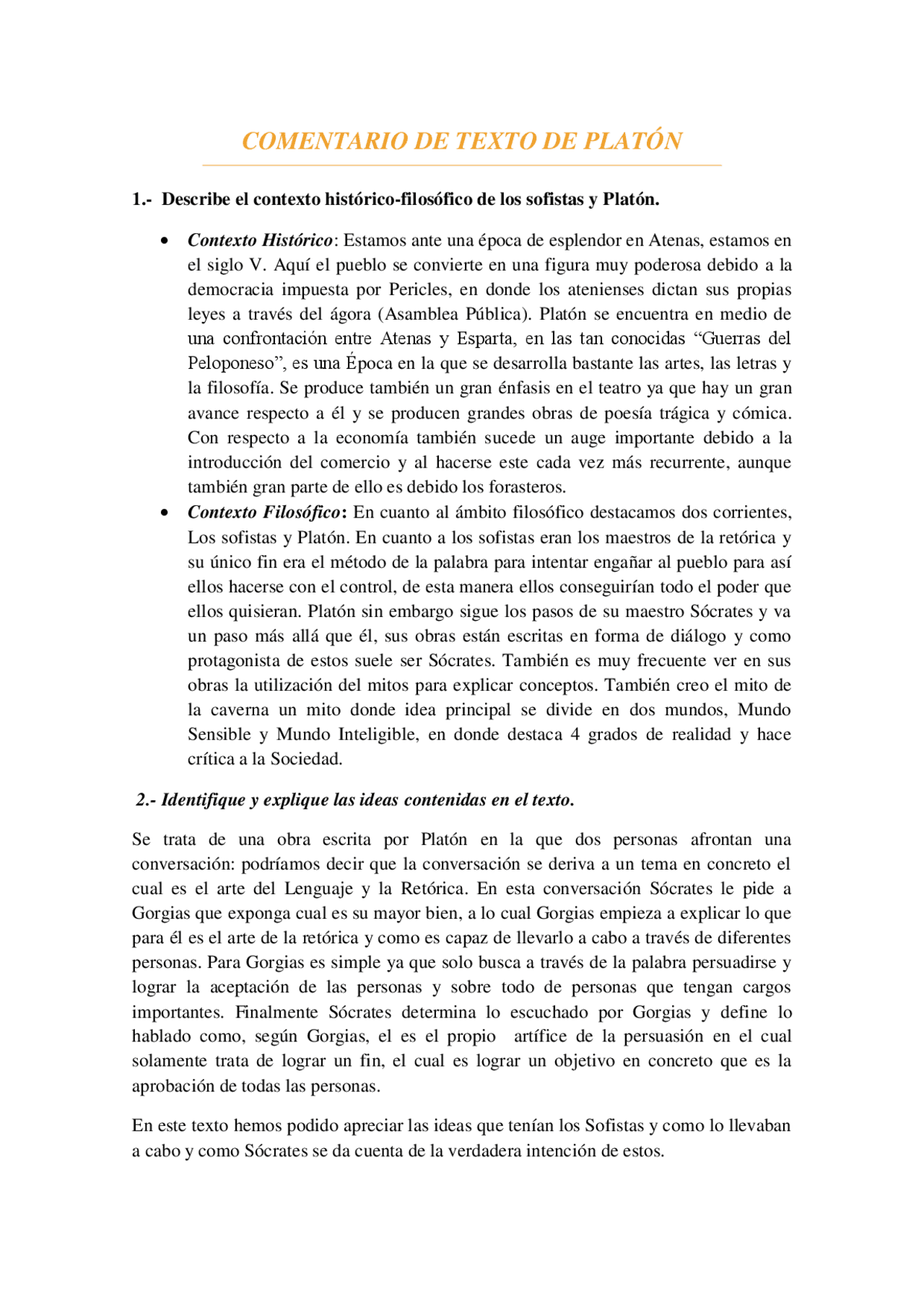 Comentario texto Platòn | Ejercicios de Lengua y Literatura | Docsity