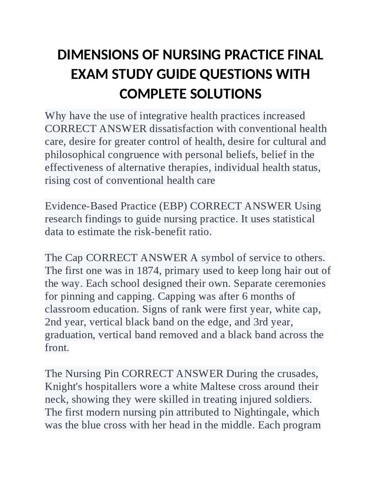 DIMENSIONS OF NURSING PRACTICE FINAL EXAM STUDY GUIDE QUESTIONS WITH ...