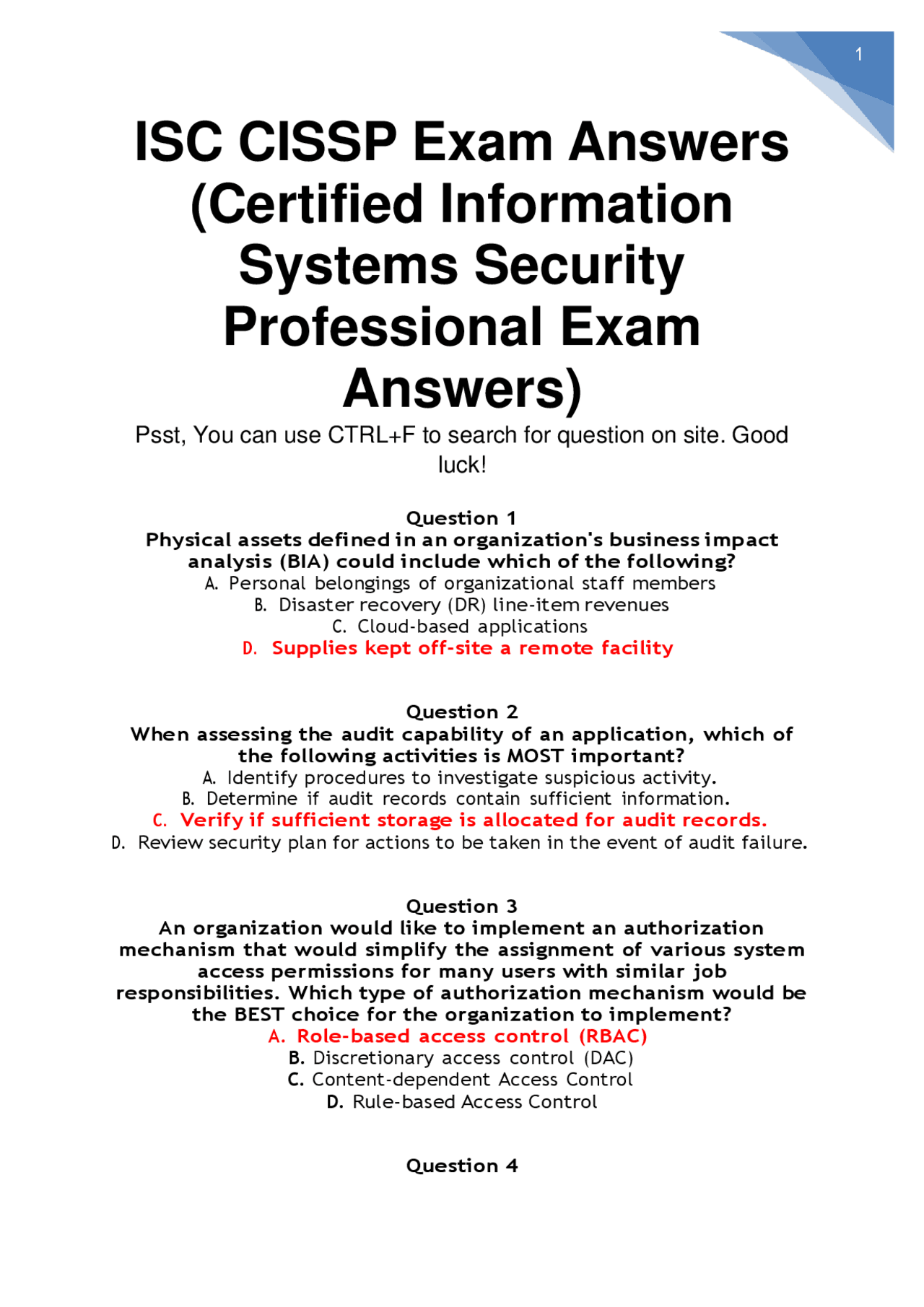 ISC CISSP Exam Answers (Certified Information Systems Security ...