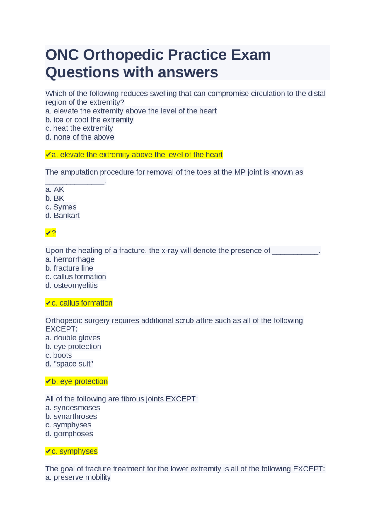 ONC Orthopedic Practice Exam Questions with answers | Exams Orthopedics ...