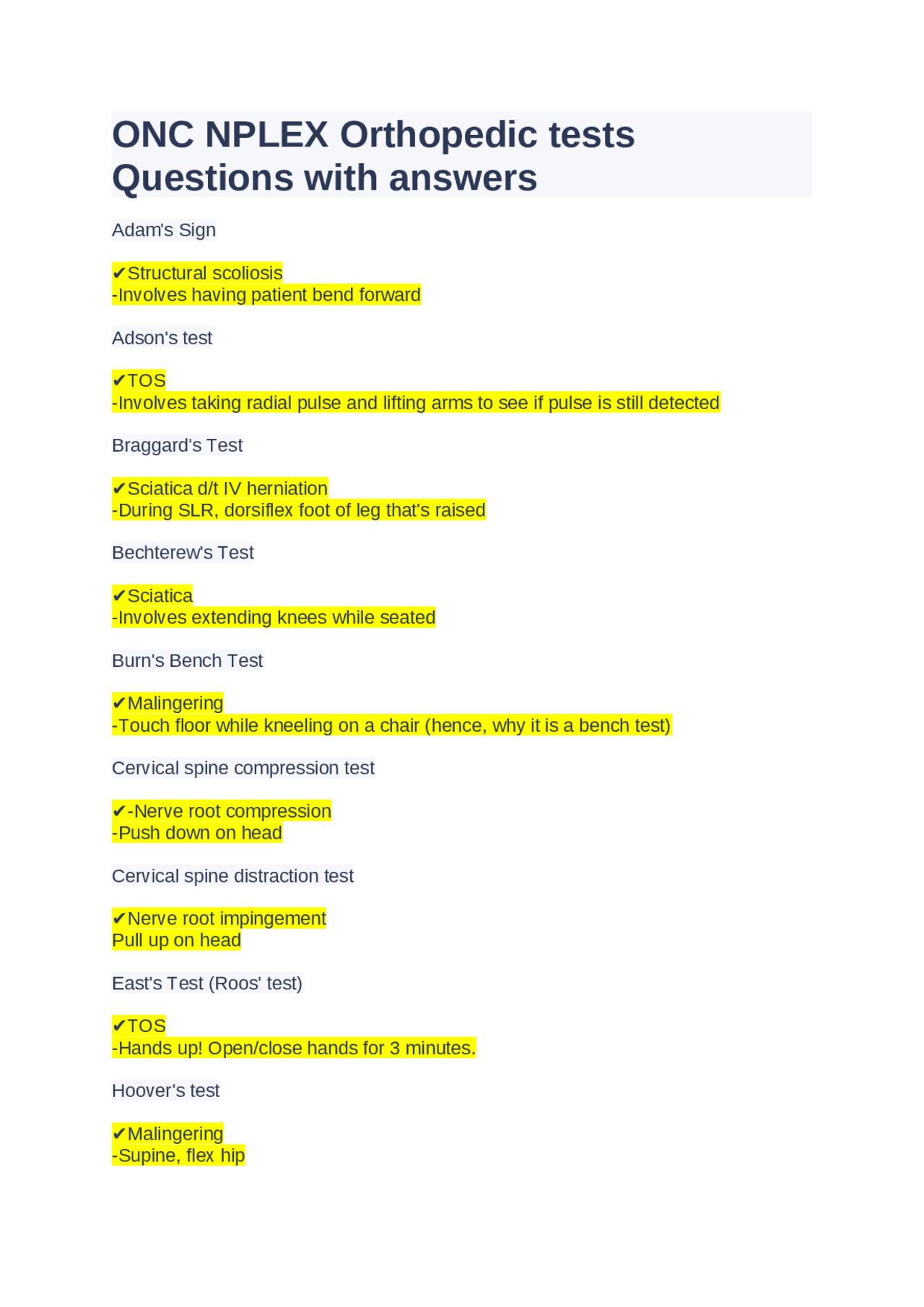 Orthopedic Tests Questions With Answers Exams Nursing Docsity