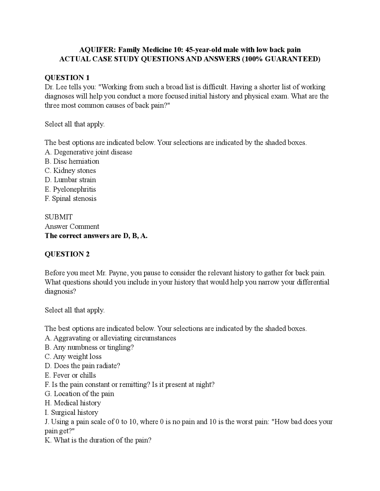 AQUIFER: Family Medicine 10: 45-year-old male with low back pain ACTUAL ...