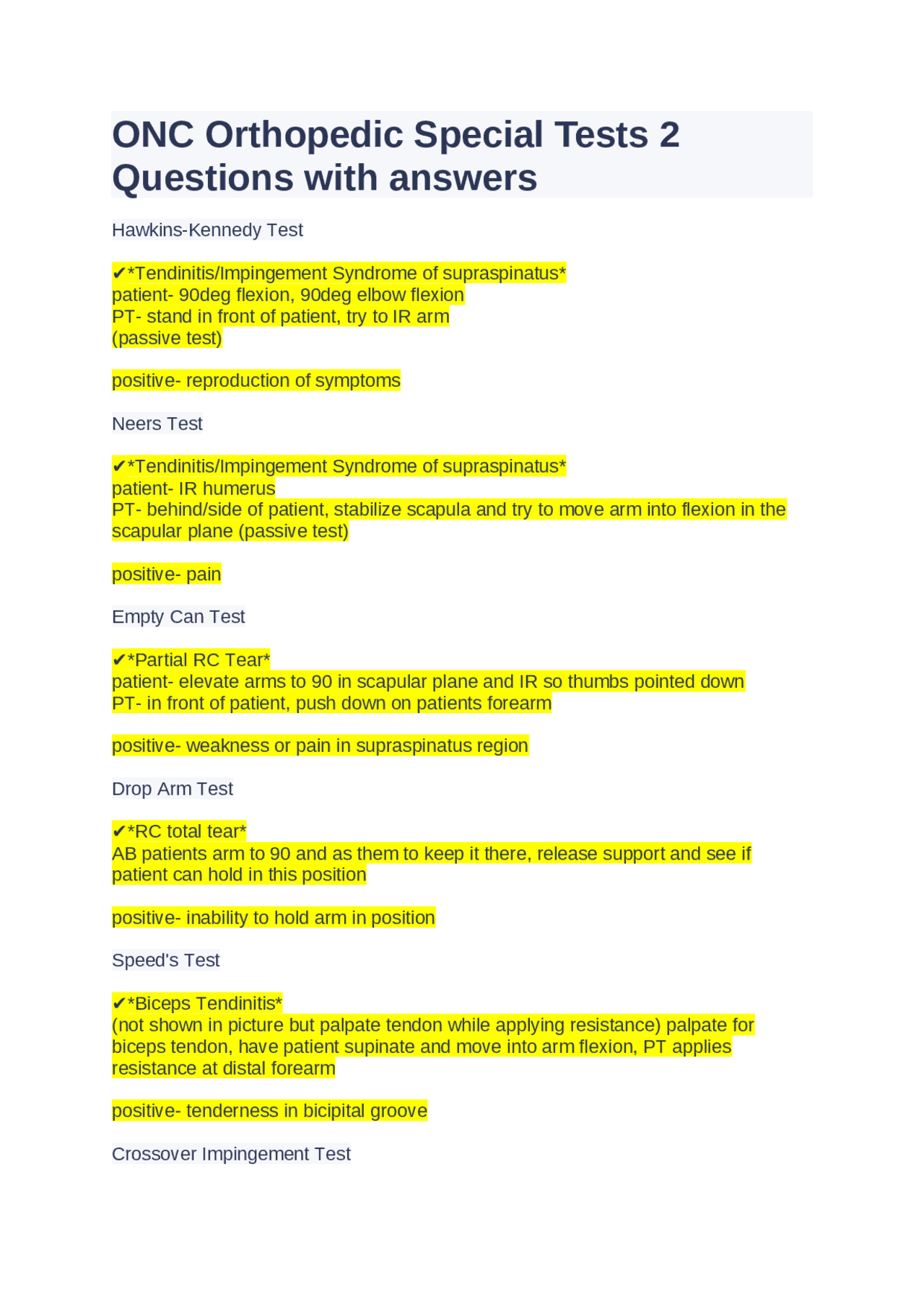 ONC Orthopedic Special Tests 2 Questions with answers | Exams ...