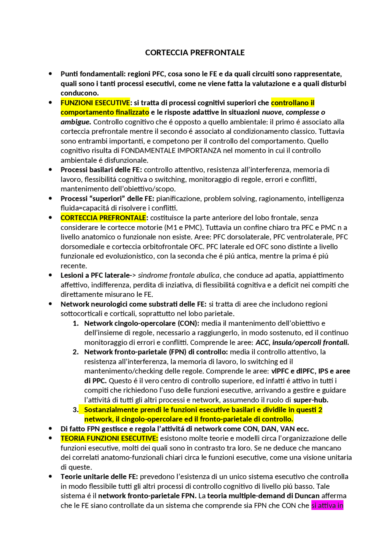 Corteccia prefrontale | Sbobinature di Neuropsicologia | Docsity