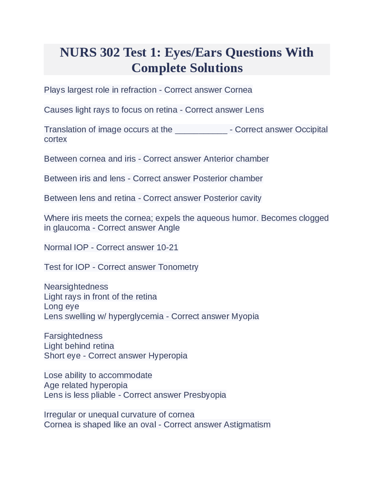 NURS 302 Test 1: Eyes/Ears Questions With Complete Solutions | Exams ...