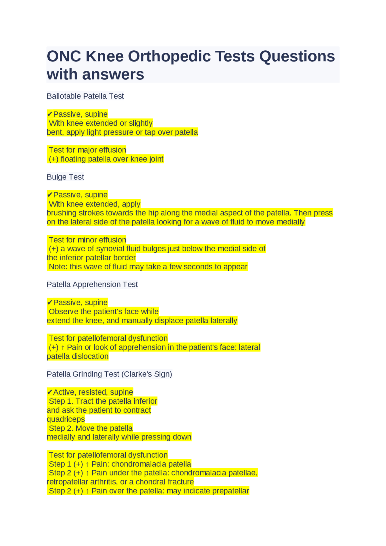 Orthopedic Tests for Knee Examination | Exams Orthopedics | Docsity