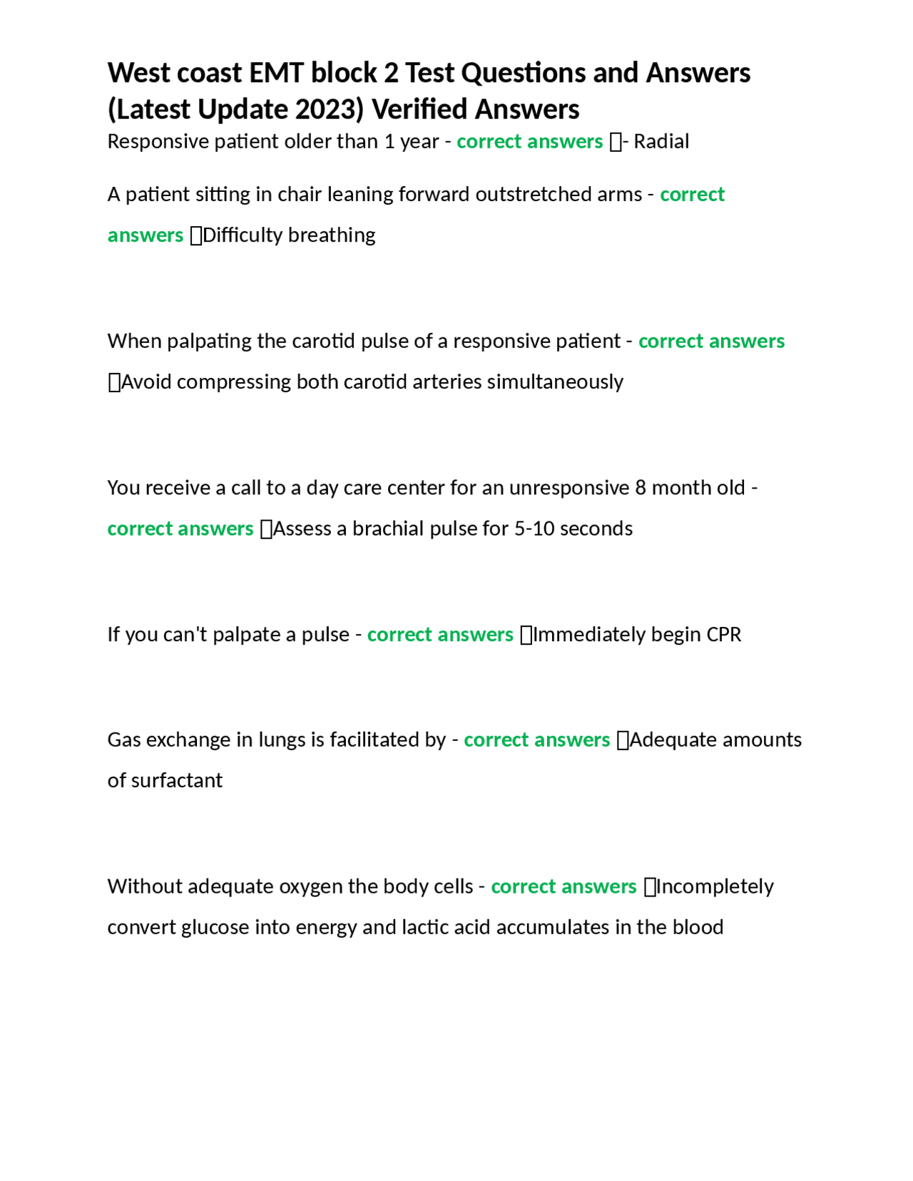 West Coast EMT Block 2 Test Questions and Answers | Prove d'esame ...
