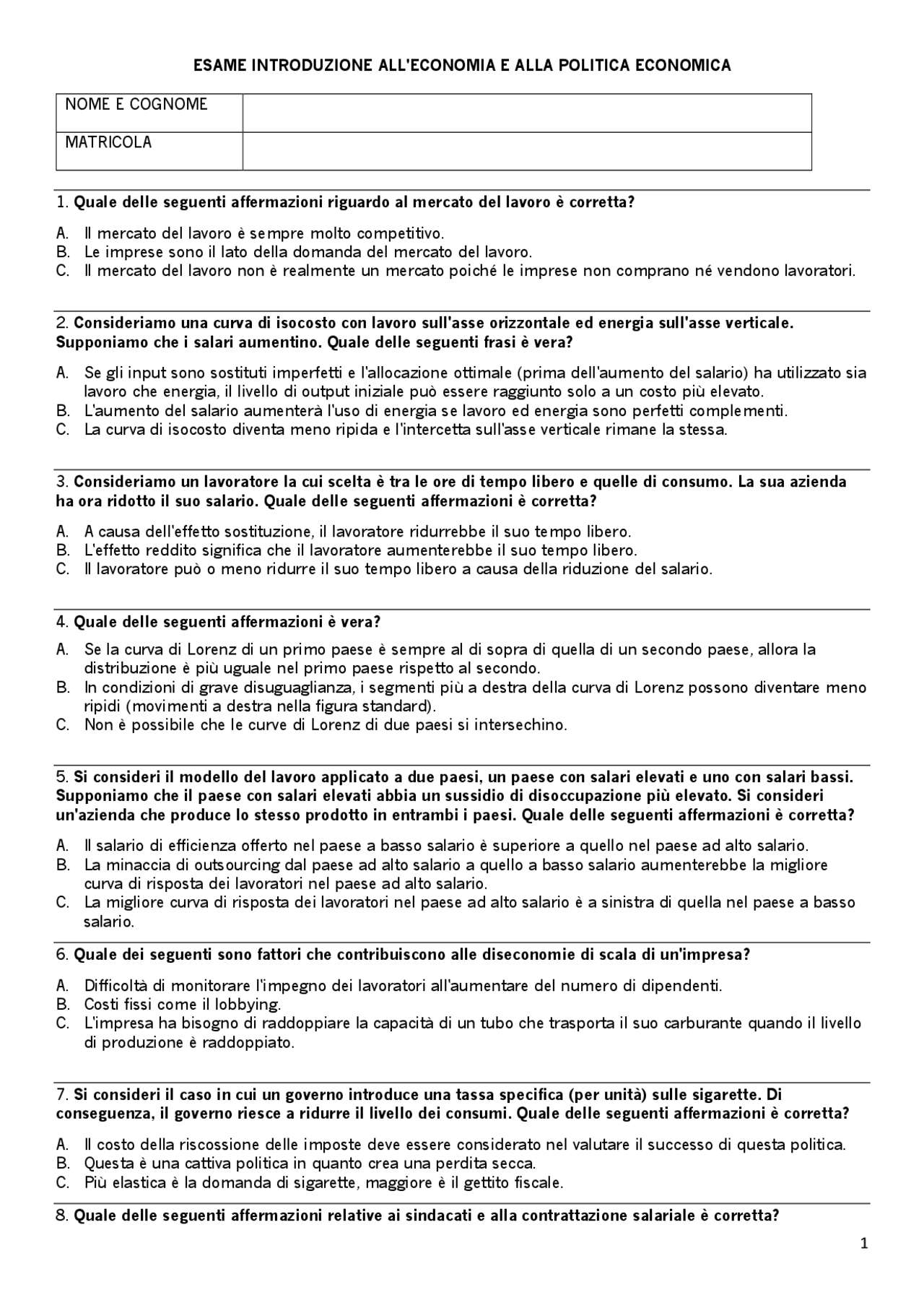Esempi domande esame per esercitarsi economia | Esercizi di Economia ...