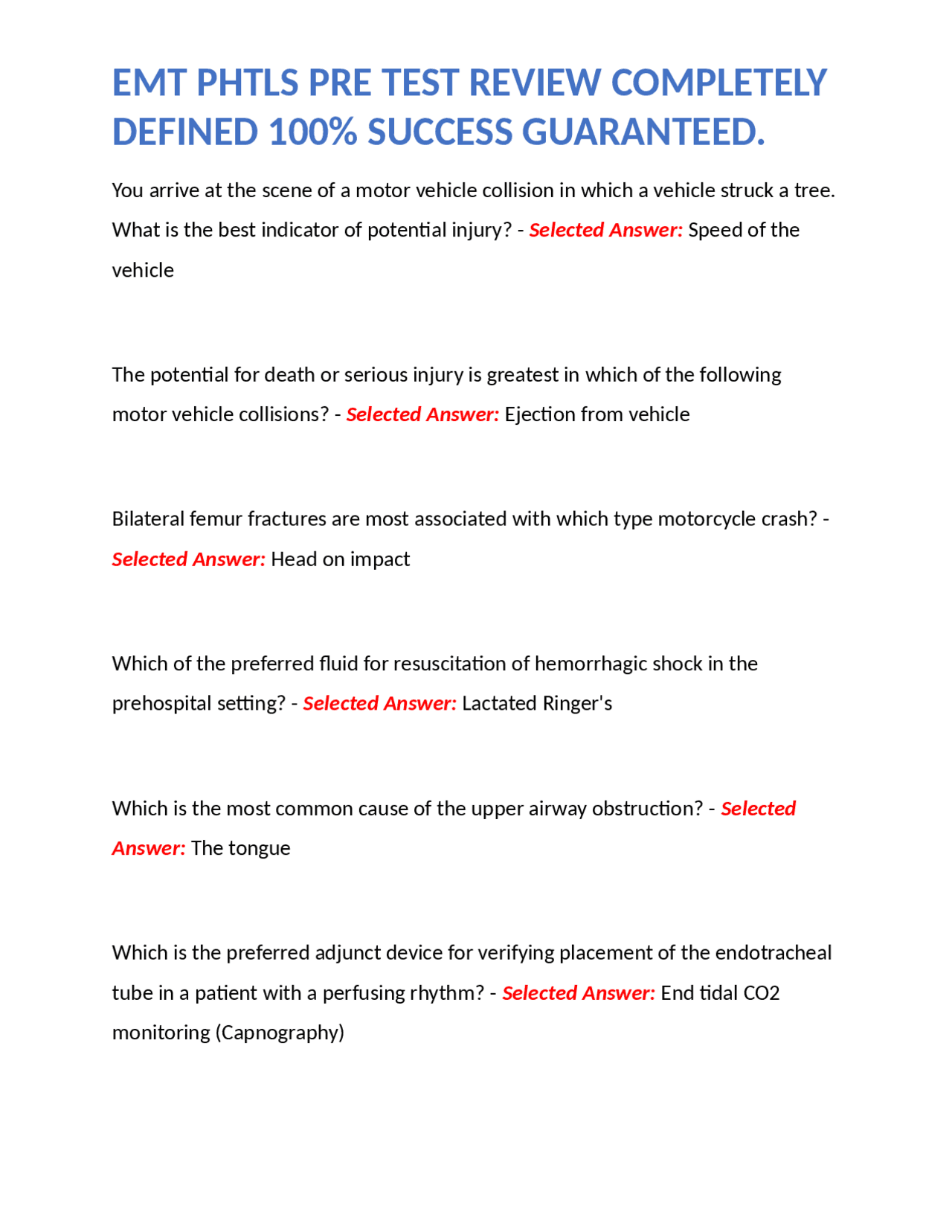 EMT PHTLS PRE TEST REVIEW COMPLETELY DEFINED 100% SUCCESS GUARANTEED ...