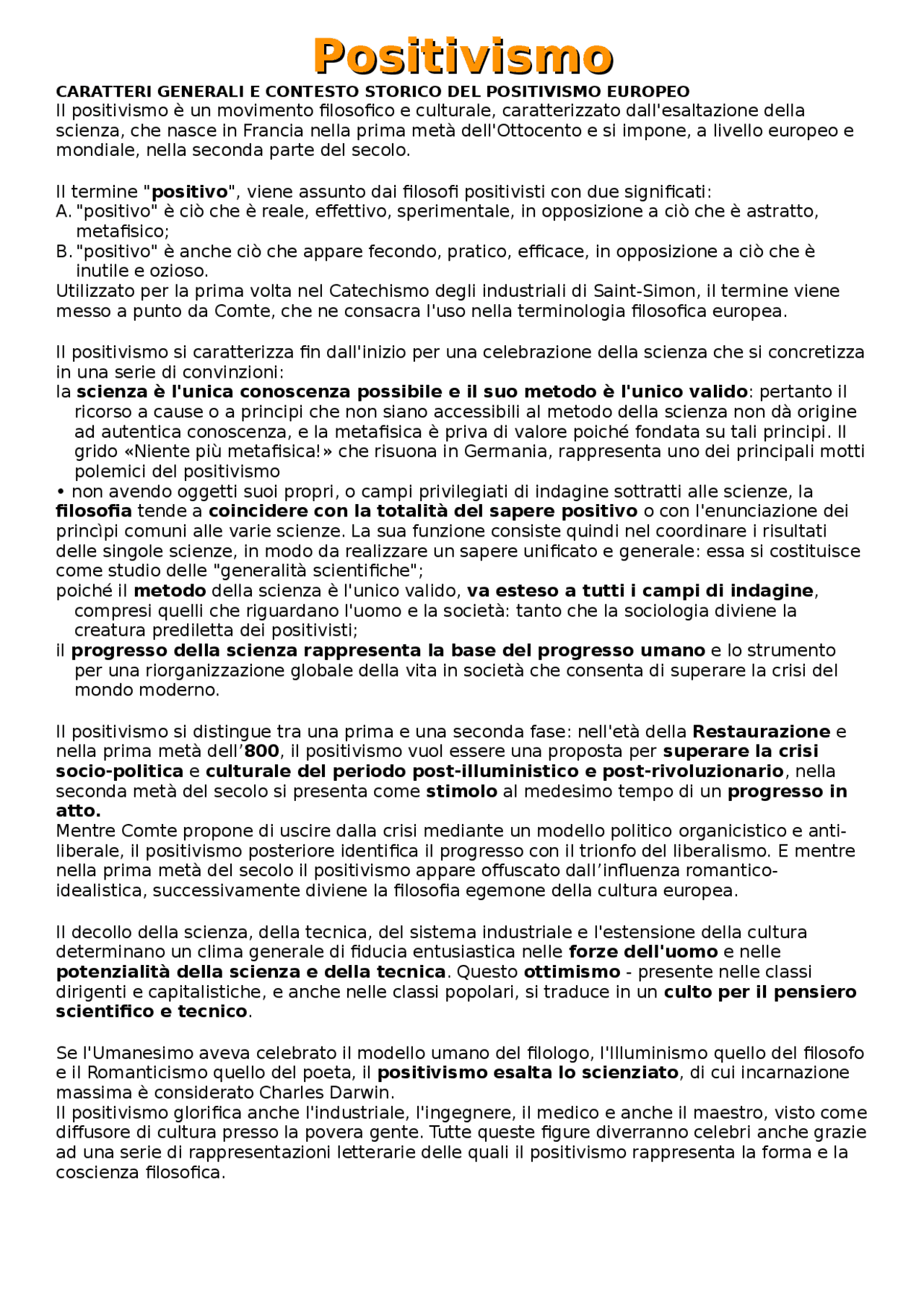 Positivismo - CARATTERI GENERALI E CONTESTO STORICO DEL POSITIVISMO ...