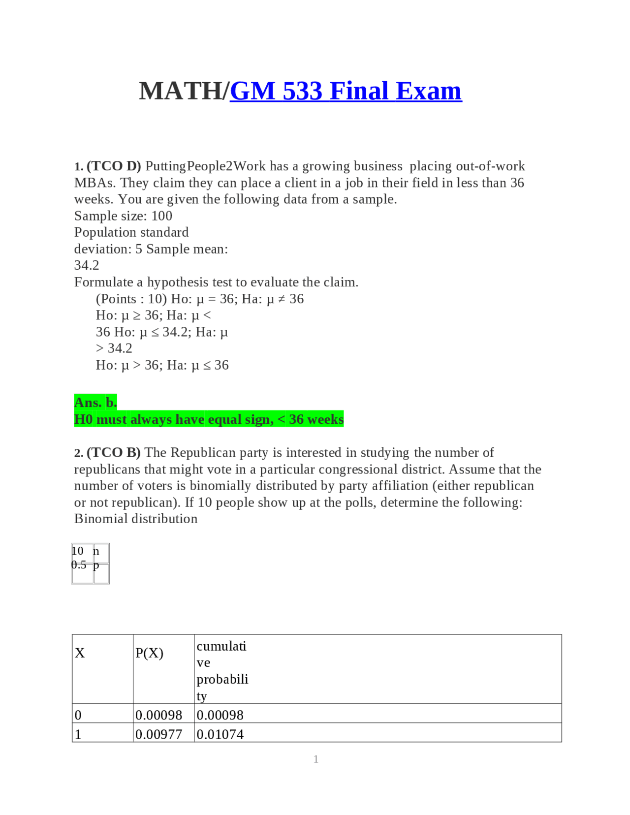 MATH/GM 533 Final Exam | Exams Mathematical Statistics | Docsity