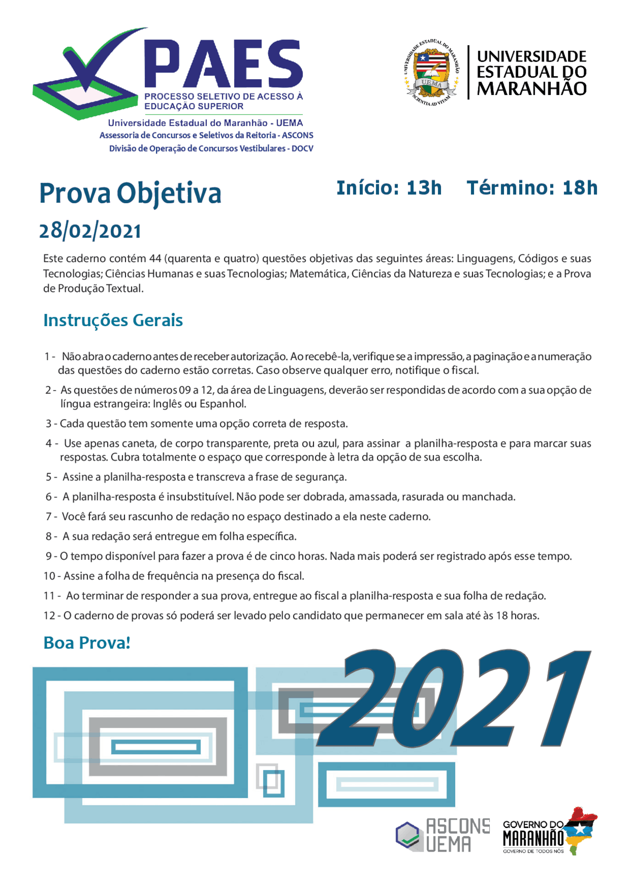 PROVA DE VESTIBULA DA UEMA | Provas Medicina | Docsity